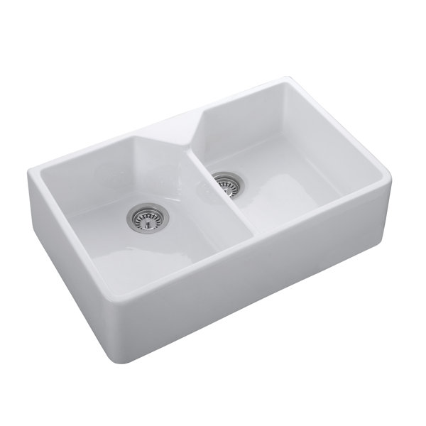 Rangemaster Sink & Taps Belfast 490mm W Double Bowl Ceramic Undermount ...