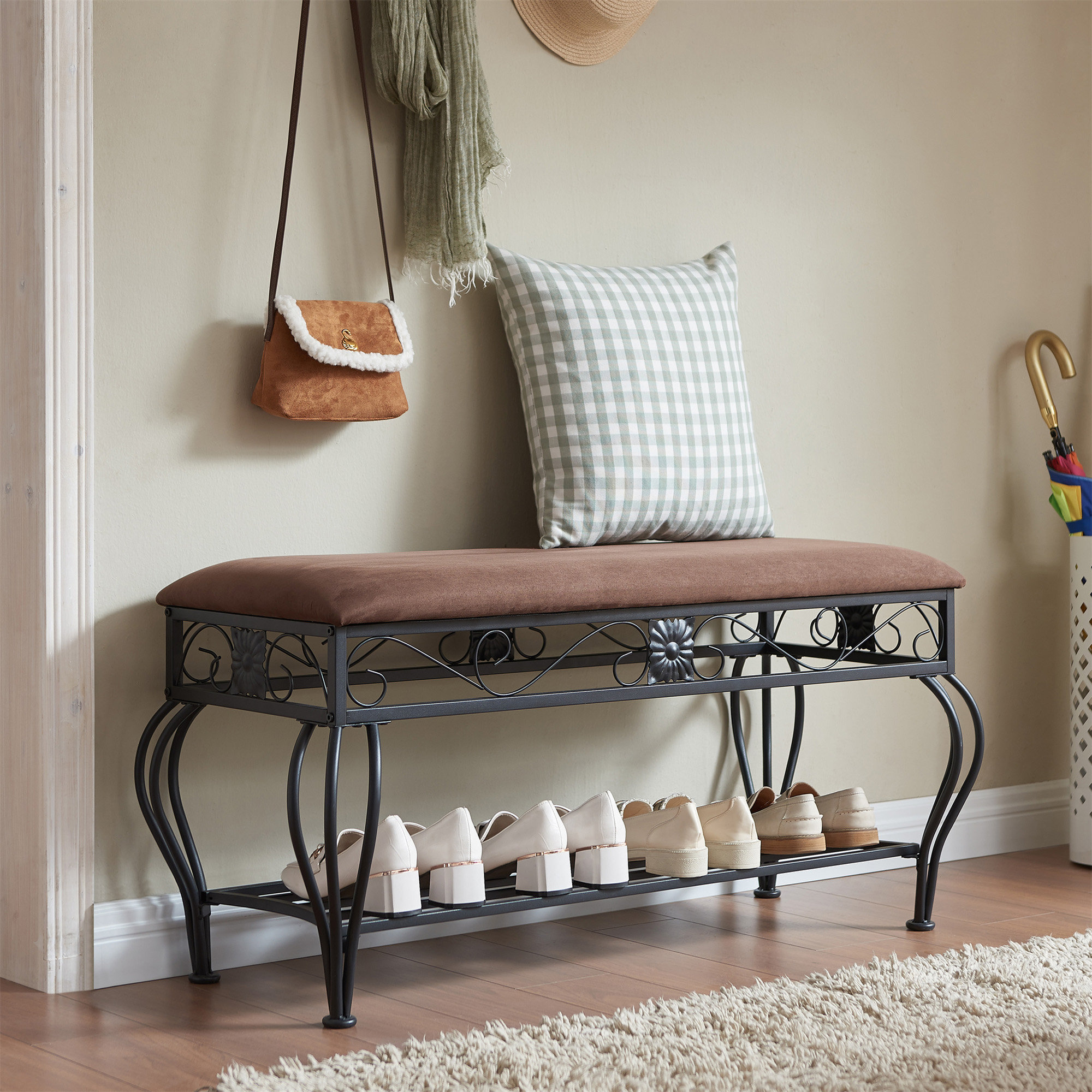 Charlton Home® Shoe Rack Bench For Entryway, Industrial Bench, Rustic ...