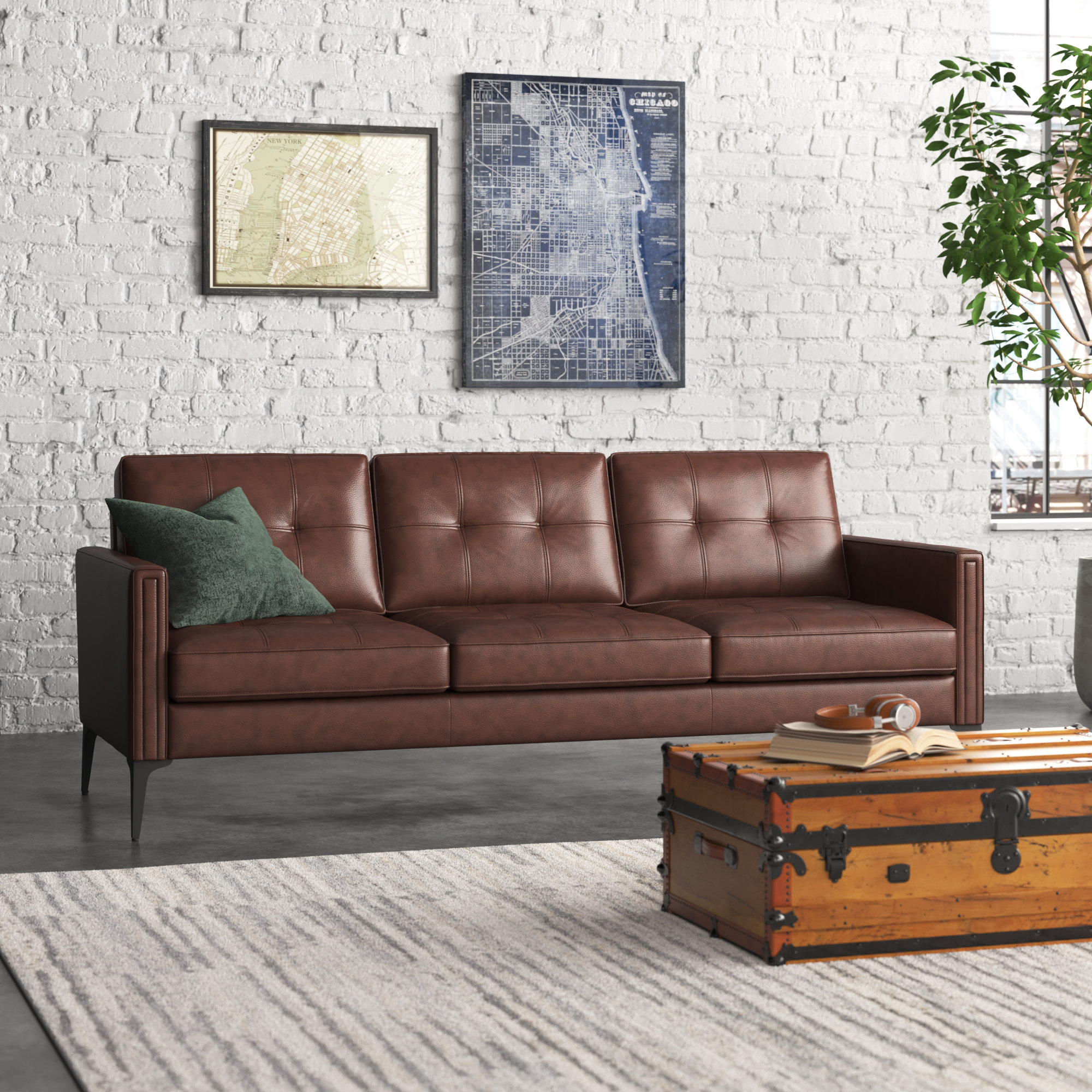 Steelside™ Vicente 87" Tufted Genuine Leather Top Grain Leather Square ...