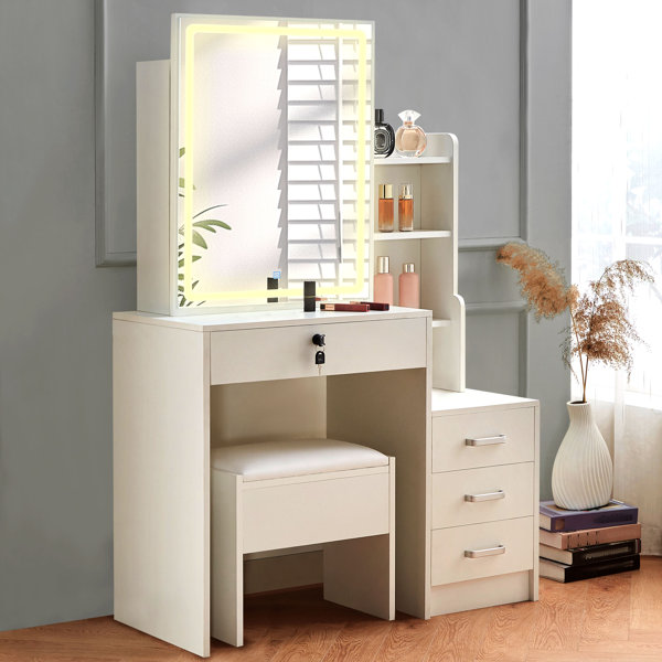 17 Stories LED Mirror Dressing Table with 4 Drawers and 7 Storage ...