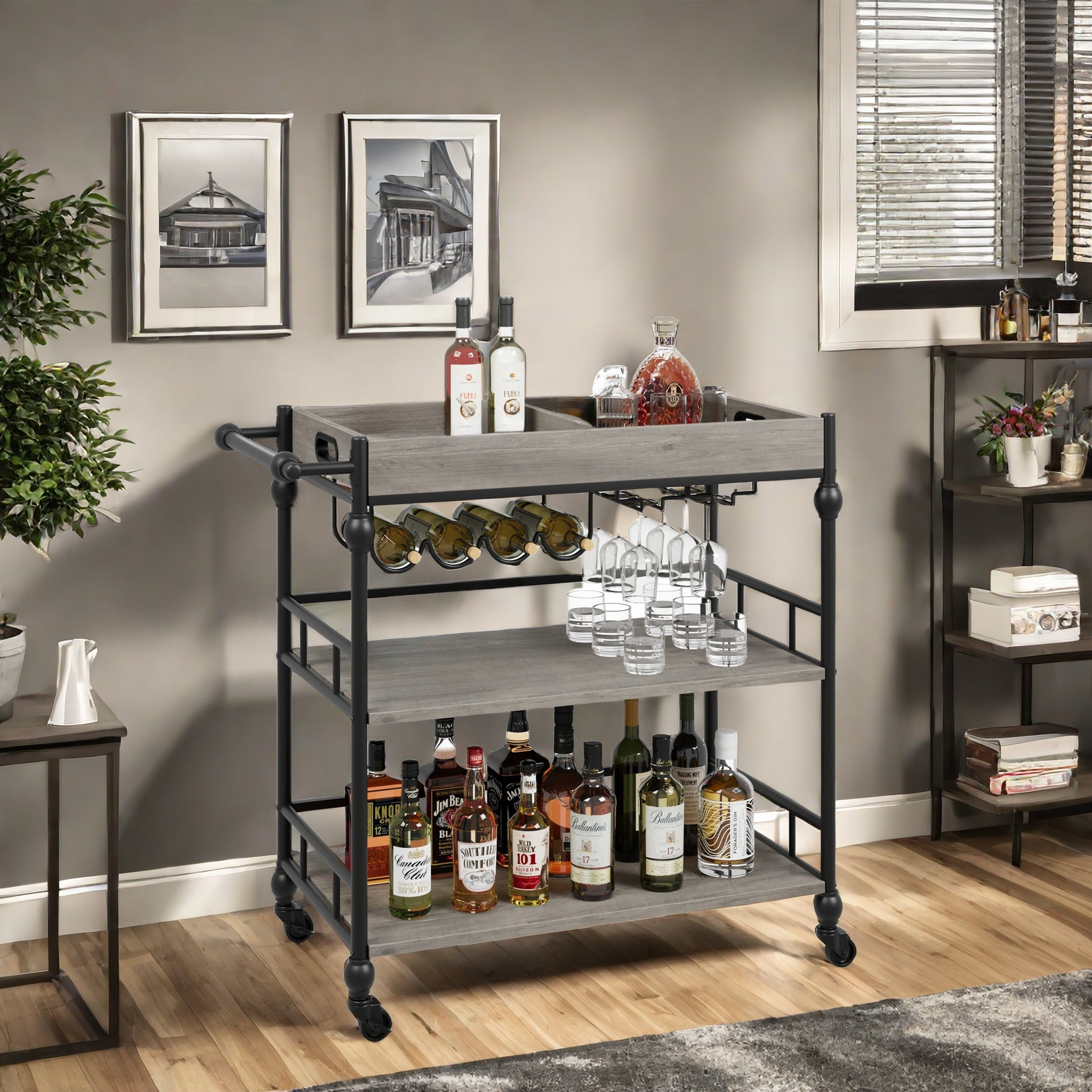 17 Stories 3-tier Rolling Bar Cart With Wine Rack & Removable Tray ...