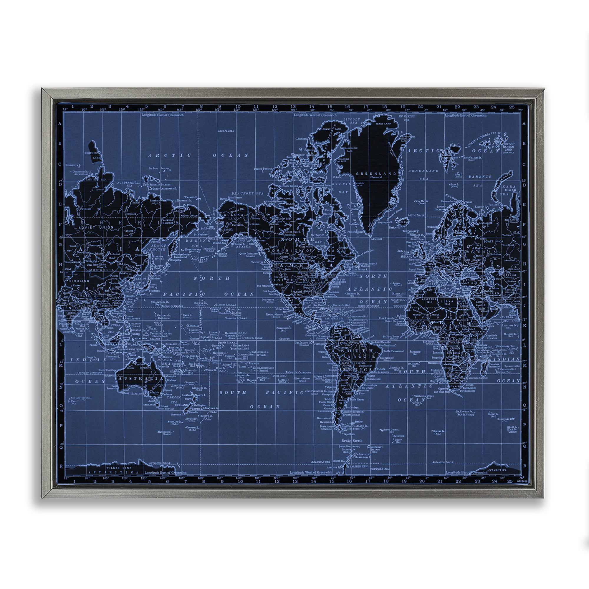 Mercer41 Blue Toned World Map Floating Frame, design by Phillipa Katz ...
