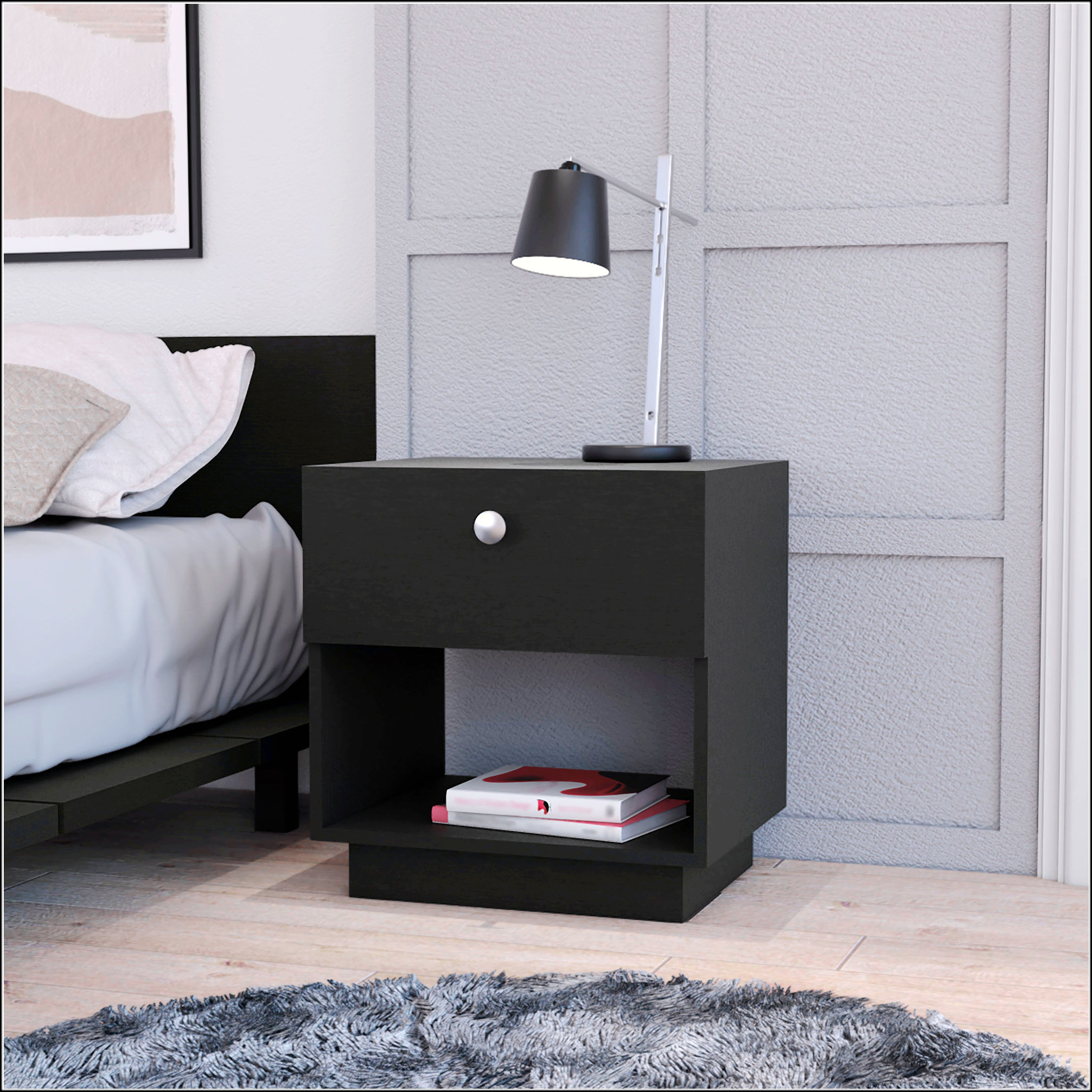 Ebern Designs Stylish And Functional Nightstand With Open Shelf And ...