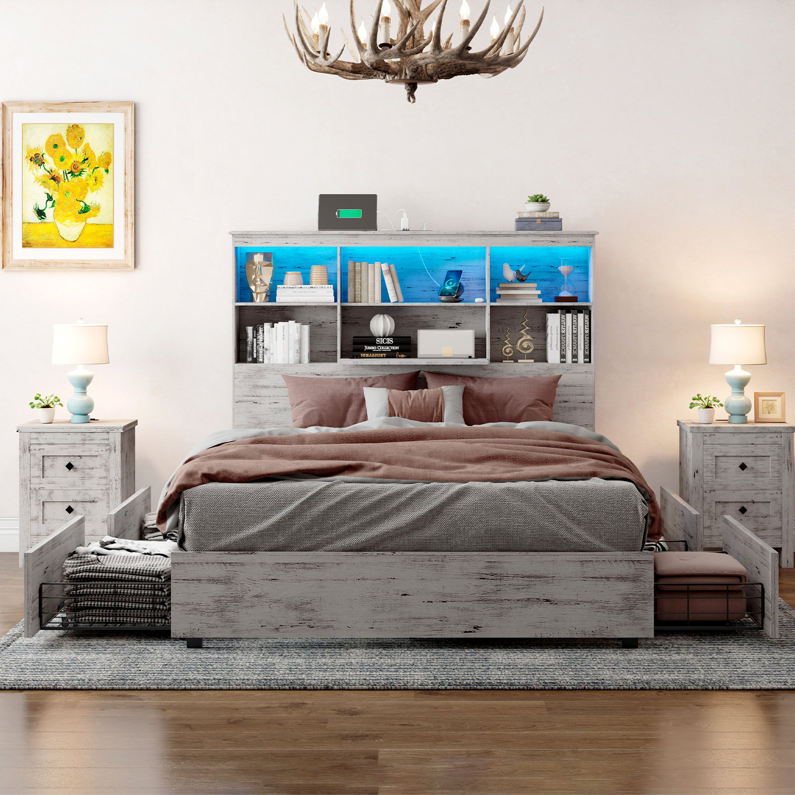 Wrought Studio Nykolas King Size Bed Frame With Led Bookcase Headboard ...