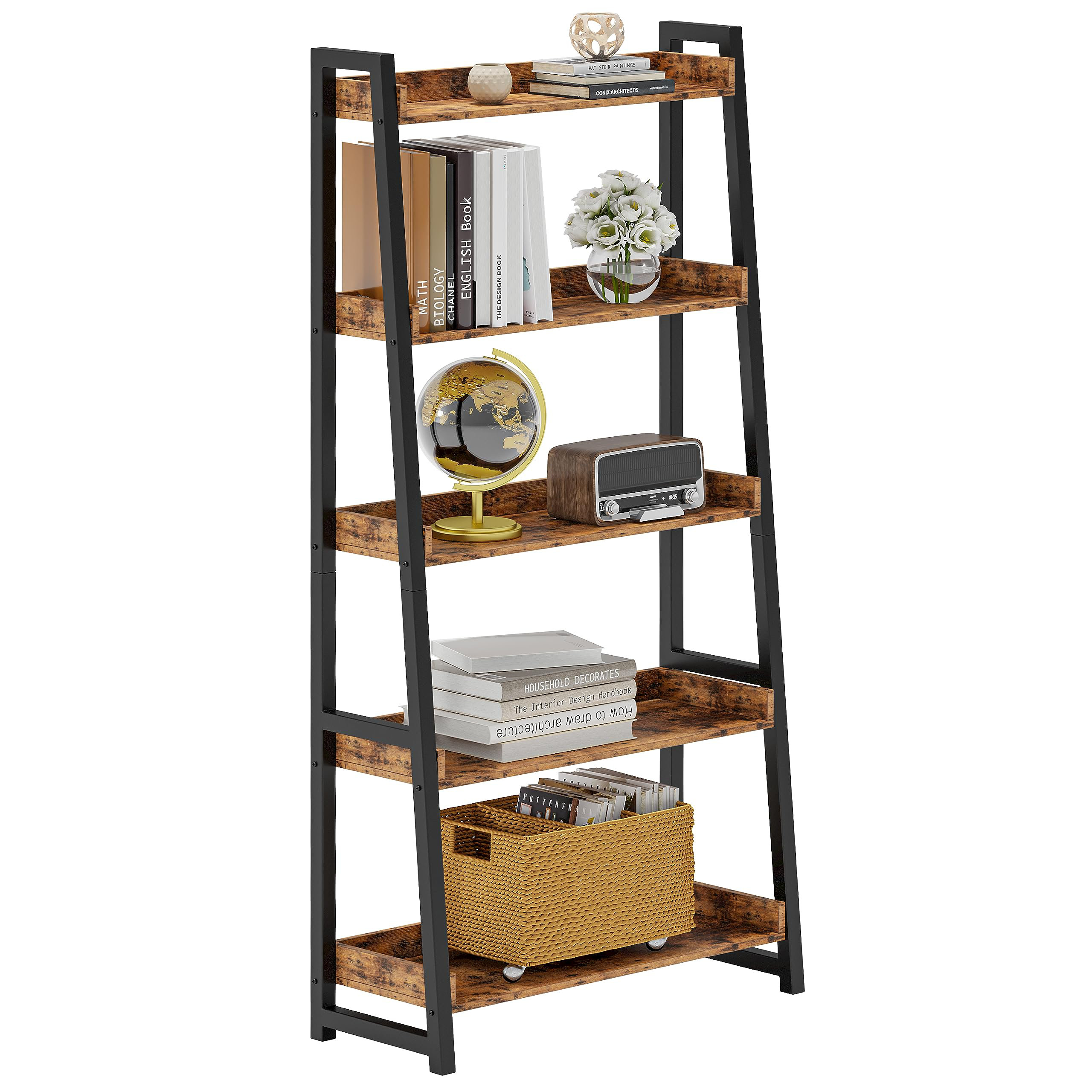 17 Stories Vintage Brown Industrial 5-Tier Bookcase Ladder Shelf With ...