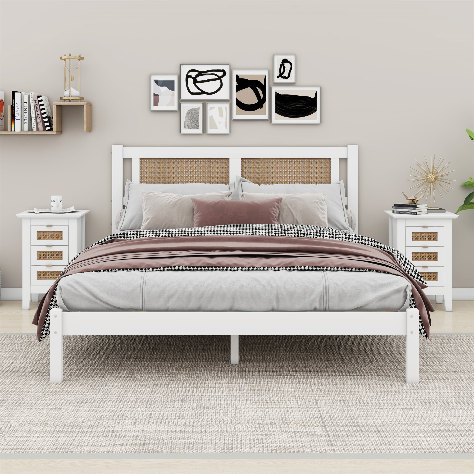 Bay Isle Home™ 3-Pieces Bedroom Sets Platform Bed With Natural Rattan ...
