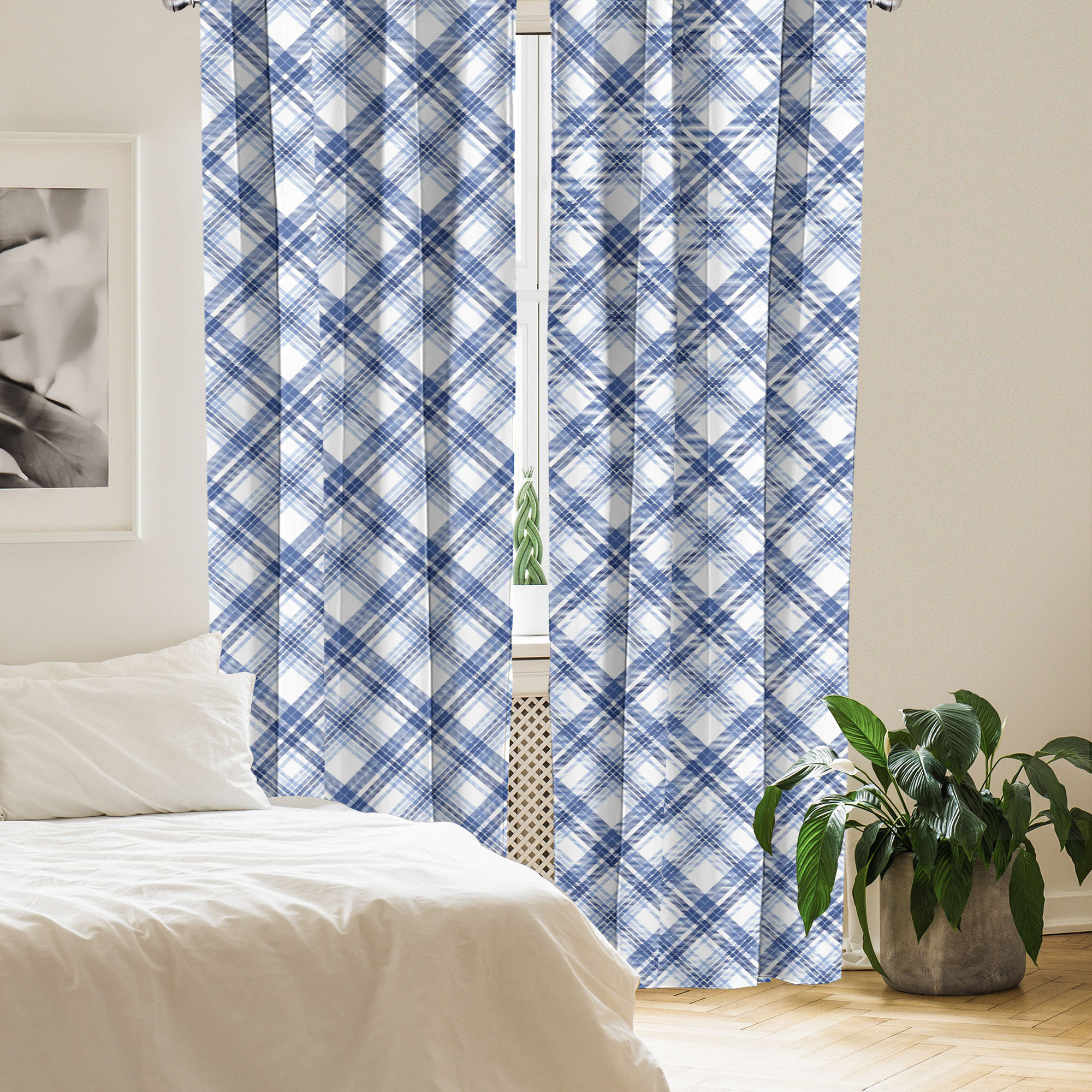 East Urban Home Navy Plaid 4-Panel Curtains, Fashion Diagonal Lines ...