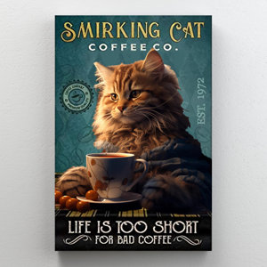 Trinx Smirking Cat Coffee - 1 Piece Rectangle Graphic Art Print On ...