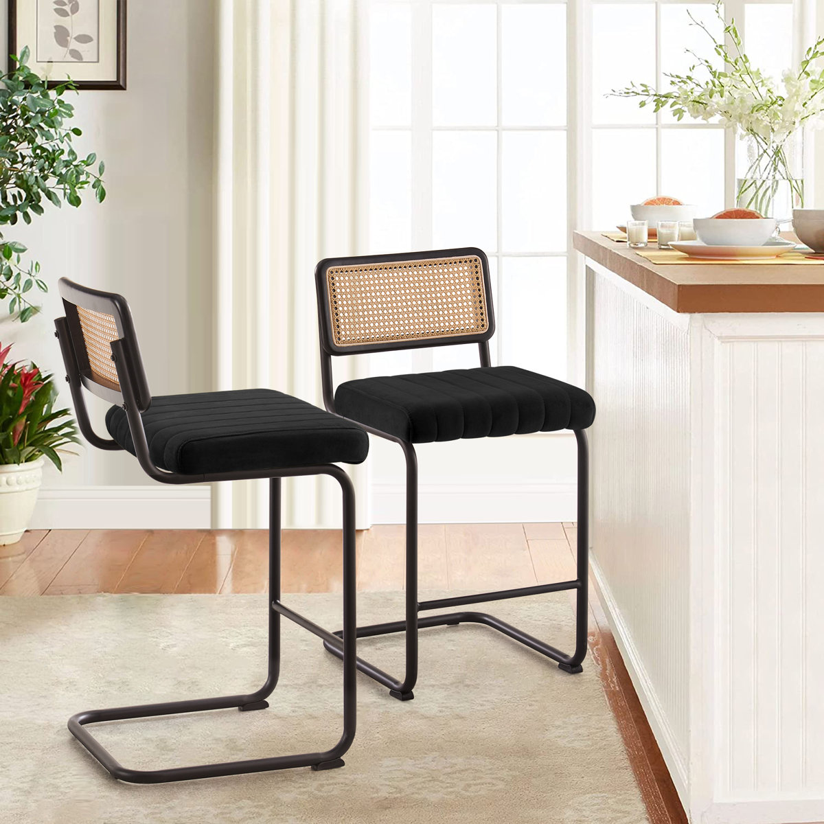 Mercer41 Krystalin Velvet Upholstered Cane Back Stool & Reviews | Wayfair