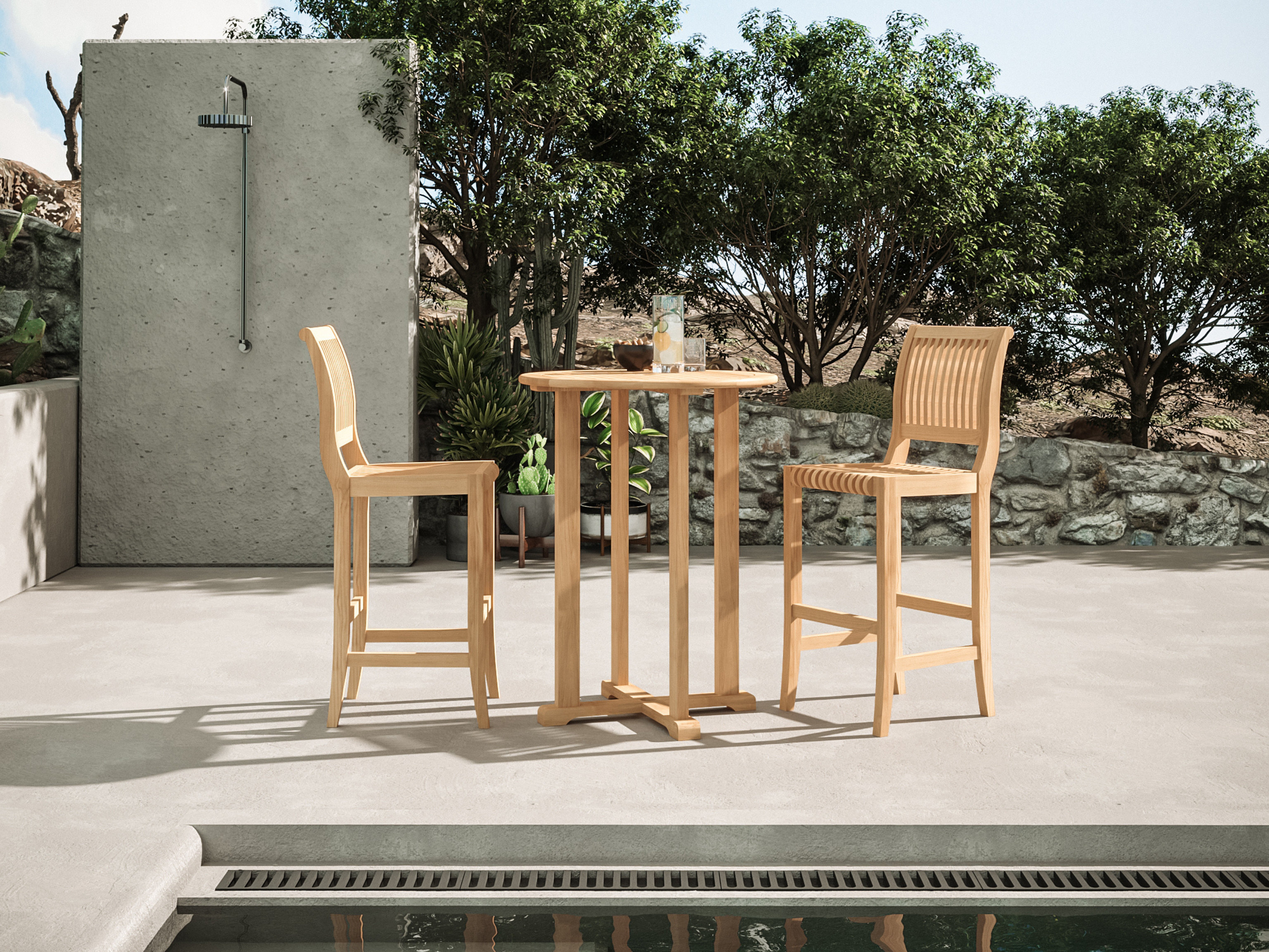 Rosecliff Heights Kauffman Palm 3-Piece Round Teak Outdoor Bar Height ...