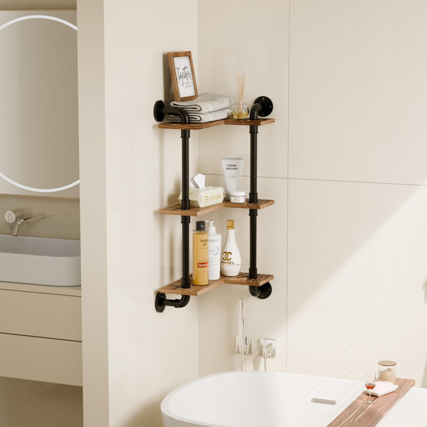 Williston Forge 3-Tier Industrial Corner Pipe Shelf, Rustic L-Shaped ...