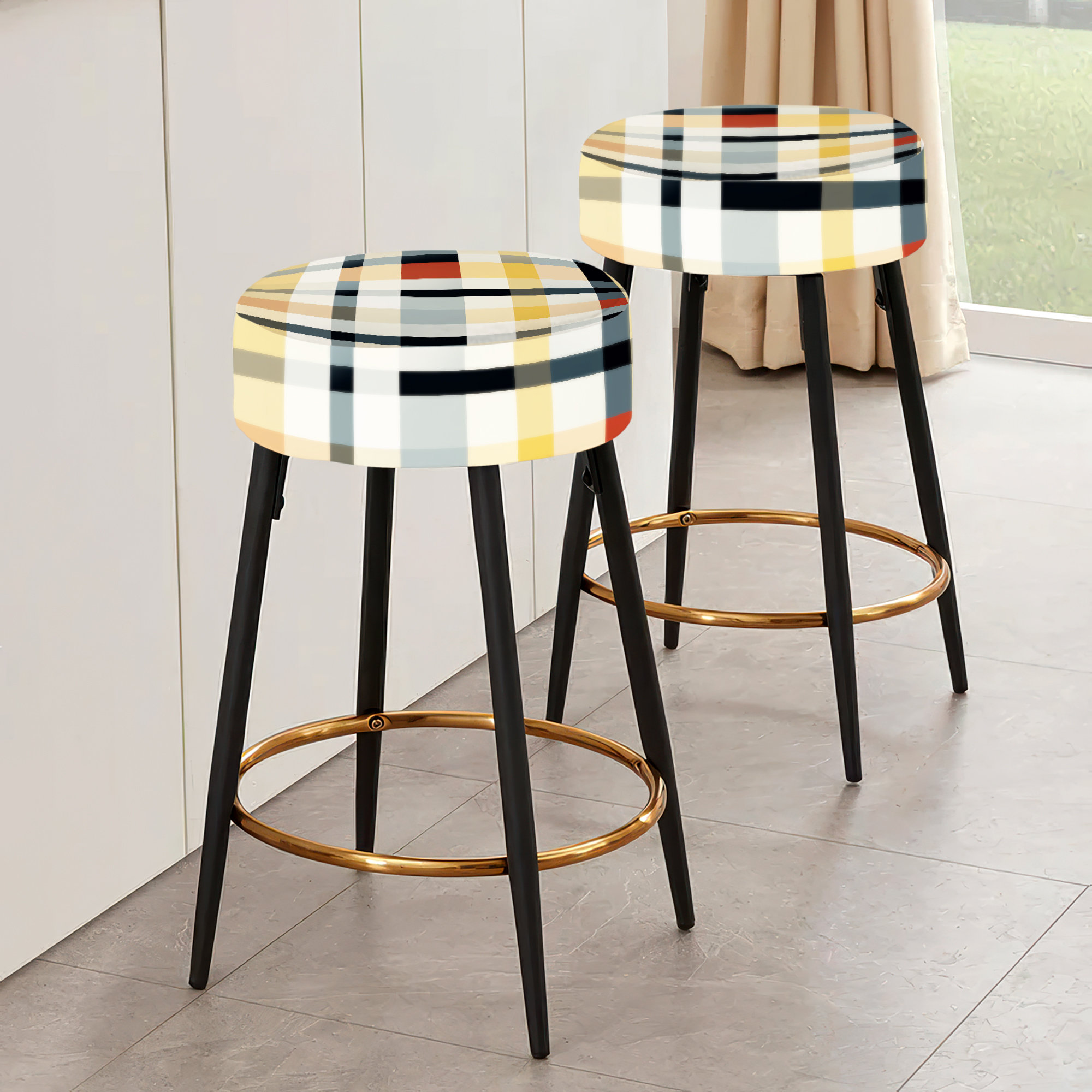 Design Art Black And Cream Plaid Sophistication - Plaid Bar Stools Set ...