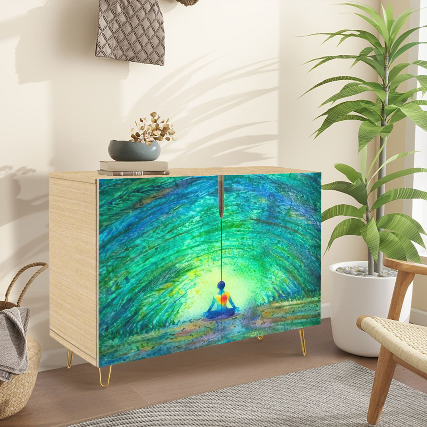 Dakota Fields Sideboard Buffet Cabinet with Storage human lotus pose yoga green tree forest ...