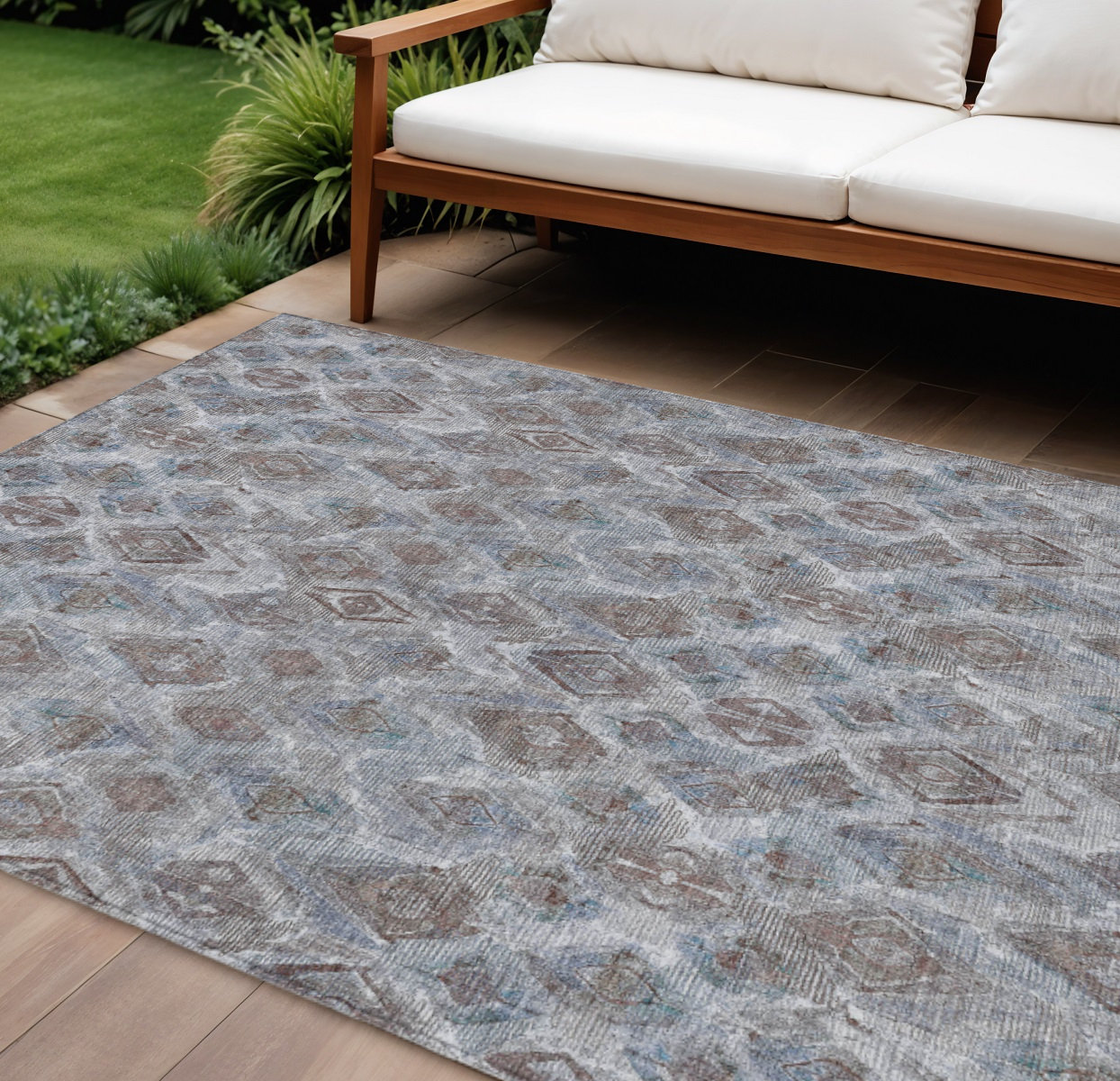 HomeRoots Tapis intérieur / extérieur géométrique lavable bleu ciel et argent 8 pi x 10 pi ...