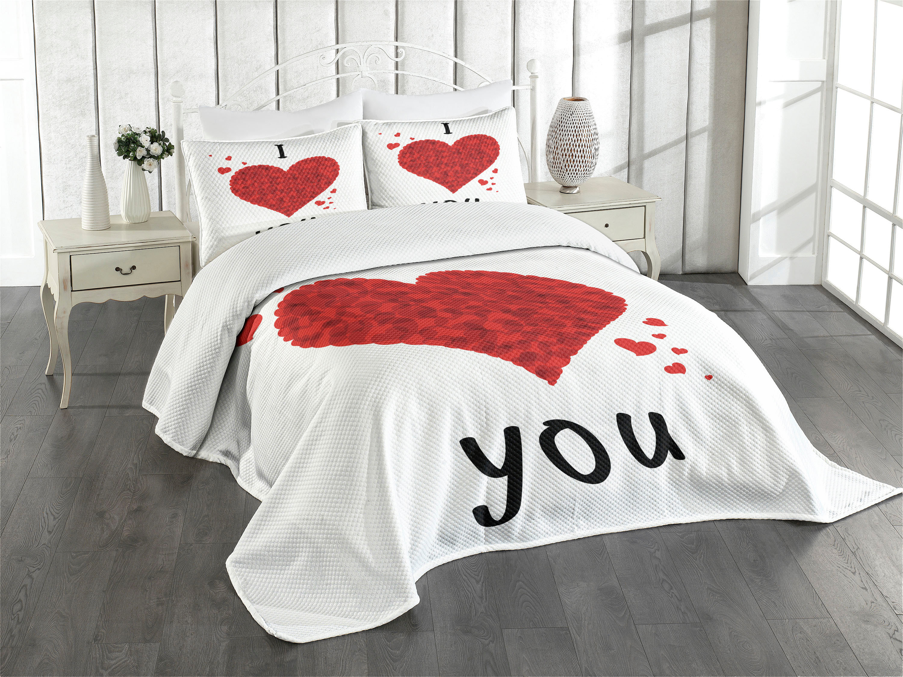 Ambesonne I Love You Bedspread Set Love Bouquet Heart Red White | Wayfair