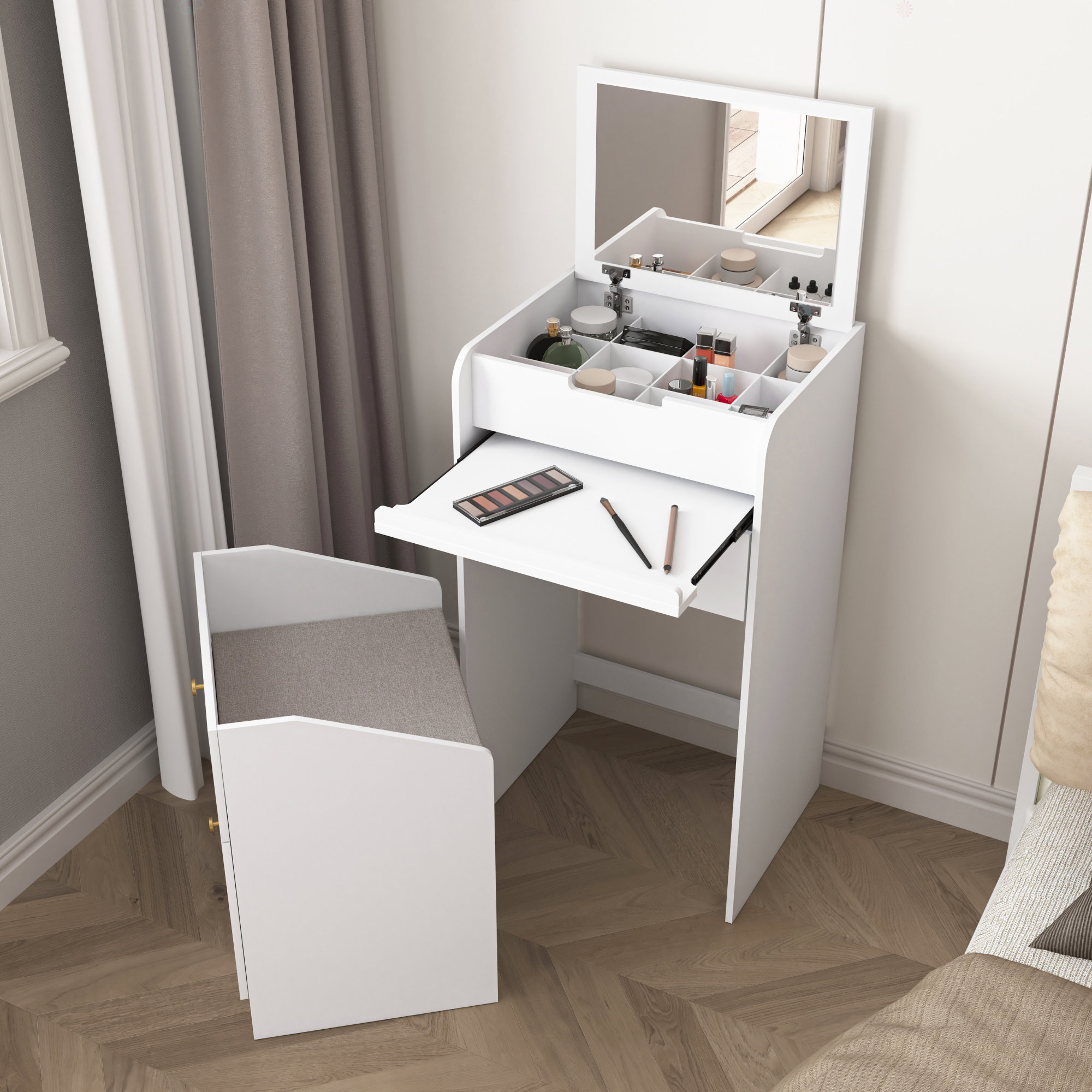 Ebern Designs Makeup Vanitys Set Make Up Table With Chair, Drawers For ...