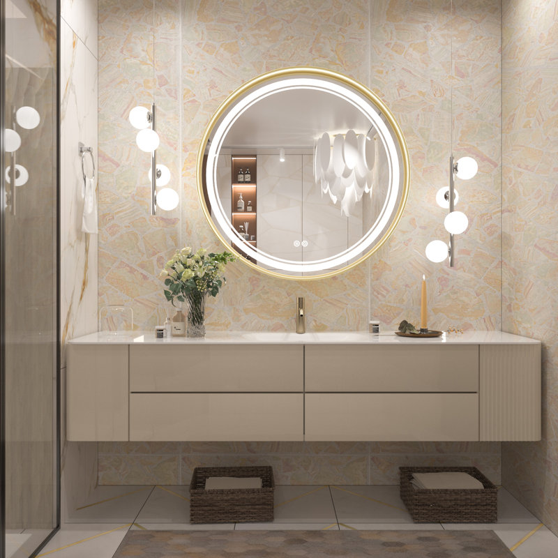 Latitude Run® Lawnmount Round Vanity Mirror LED Lighted Metal Wall ...