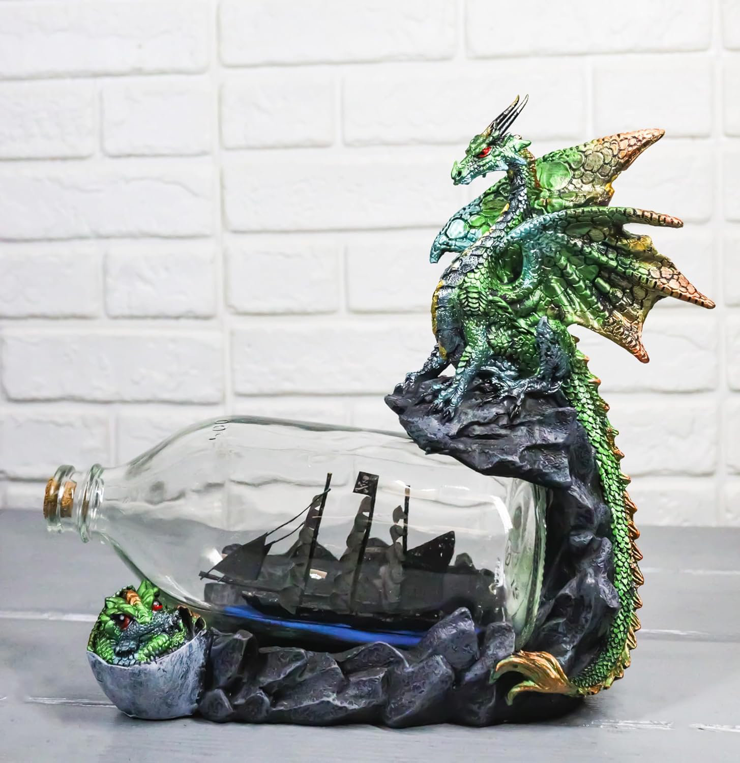 Trinx Dragon On Rock Cliff With Pirate Ship In Glass Bottle Figurine ...