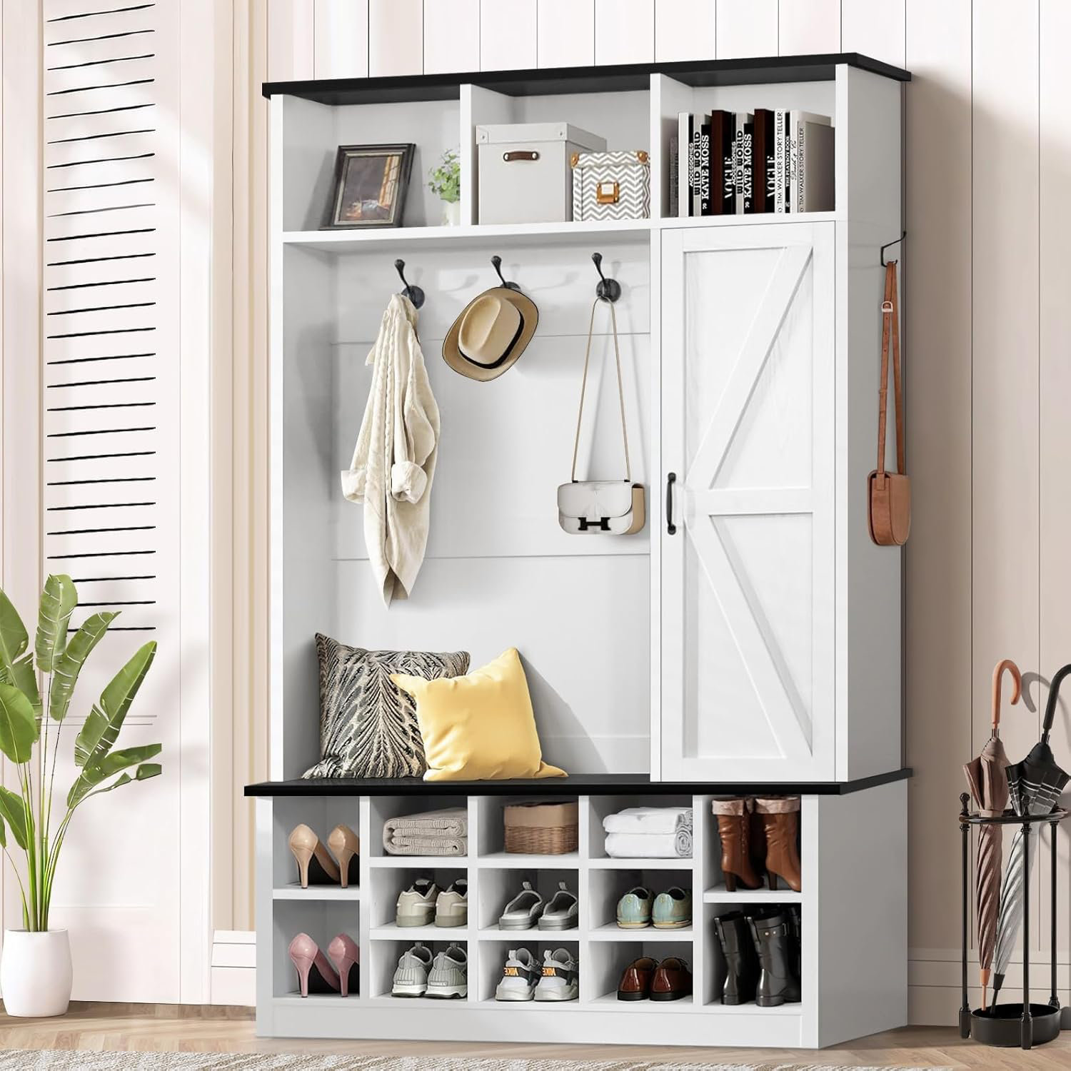 One Allium Way 79 Inch Hall Tree with Shoe Storage, Farmhouse Mudroom ...