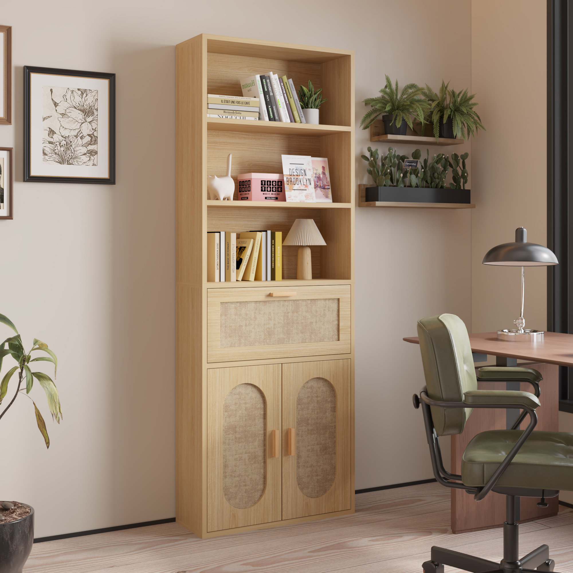 Ebern Designs Tan Rattan Display Cabinet Ghore With 3-Layer 1-Drawer 2 ...