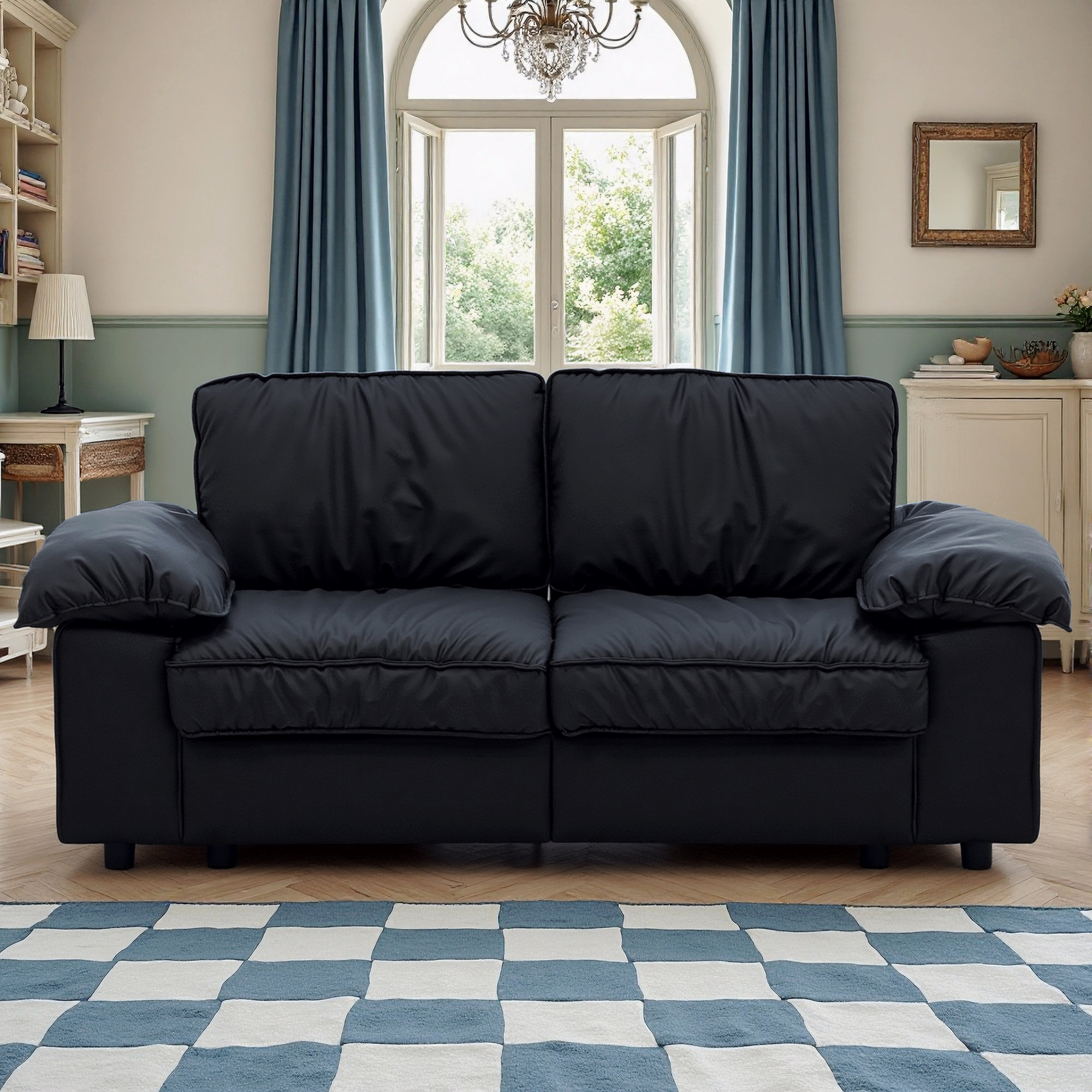 Latitude Run® 78.74Inch Black Faux Leather Compact Sofa With Hidden ...