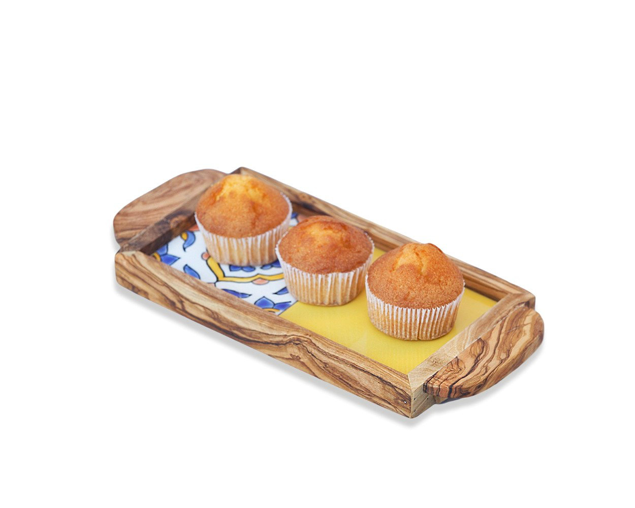 KAMSAH Homeware Handcrafted Olive Wood and Ceramic Tile Serving Tray with Ergonomic Handles - 2 ...