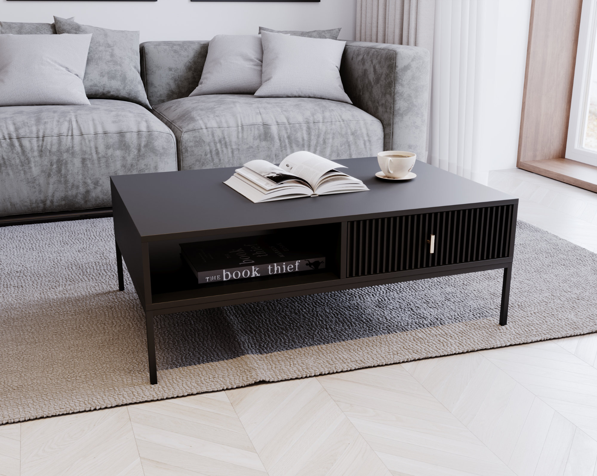 17 Stories Tarrick black square coffee table with fluted drawers on ...