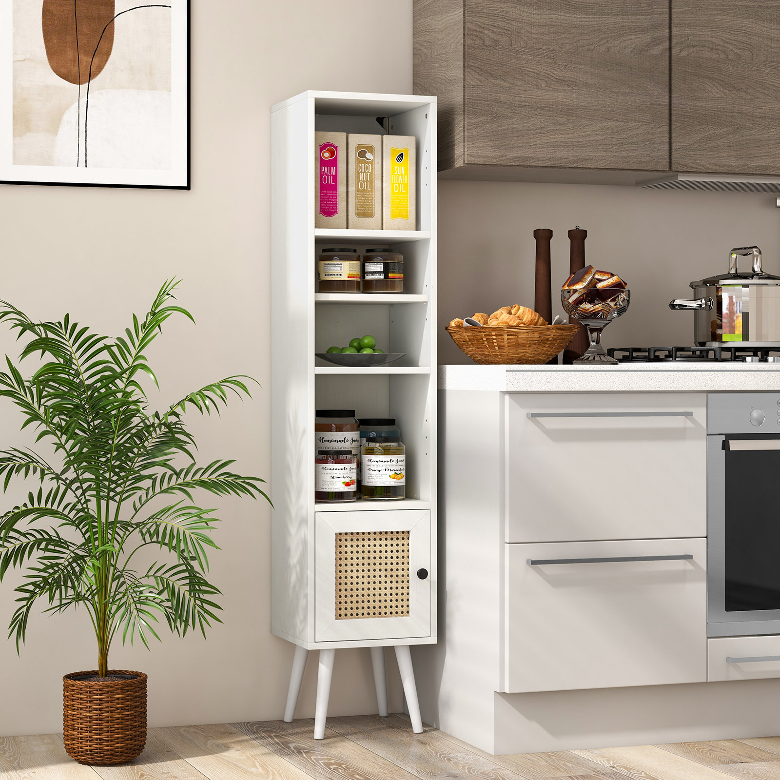 Topbuy Slim Tall Rattan Storage Cabinet Boho Accent Bookshelf w/ Rattan ...