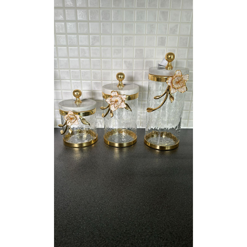 Winston Porter Hammered Glass Canister with White Enamel and Gold ...