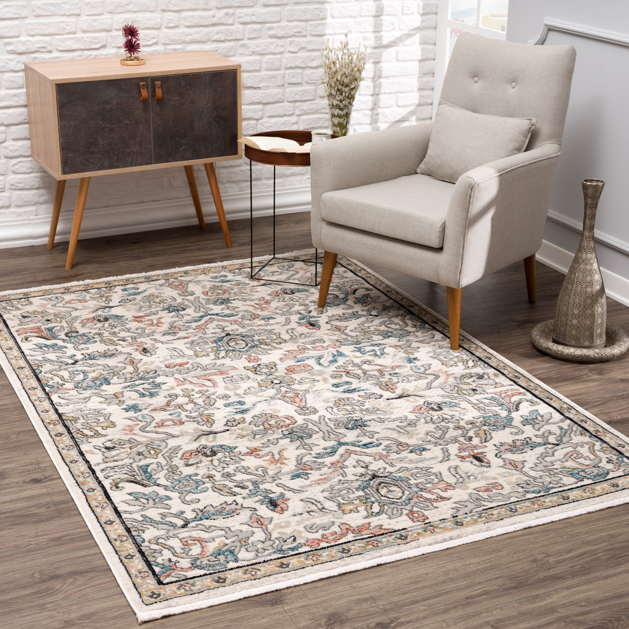 Bungalow Rose Traditional Persian Oriental Paisly Ivory Grey Teal ...