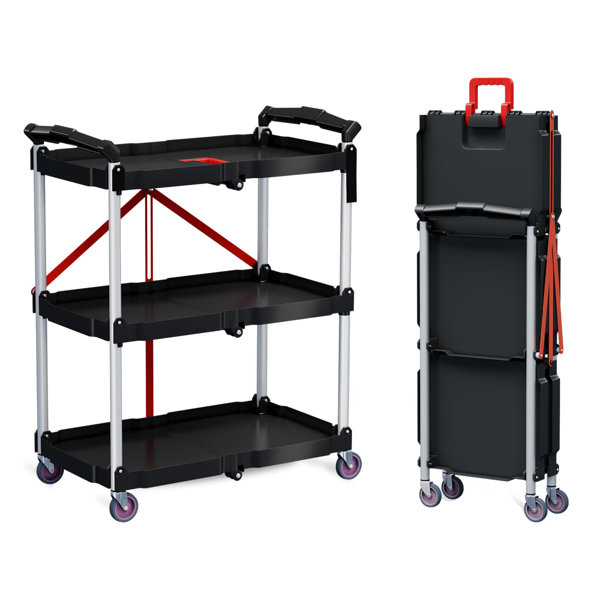 TECSPACE Folding Cart, 3-Tier Fold Up Rolling Cart Collapsible Push ...