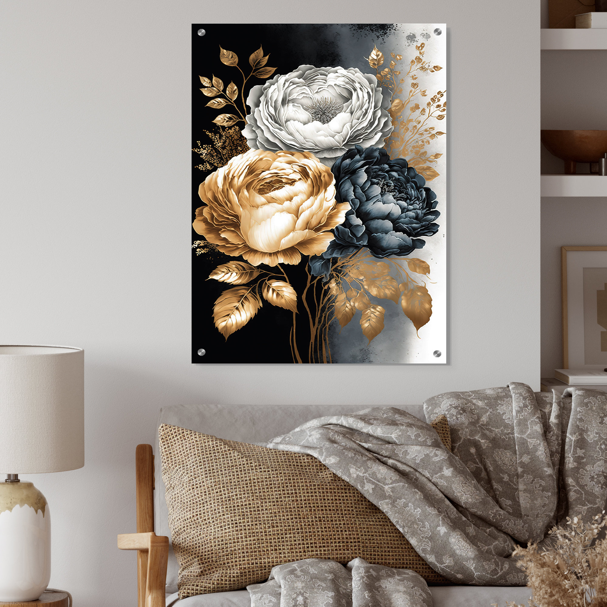 Lark Manor™ White, Gold And Black Rose Bouquet I - Rose Acrylic Wall ...