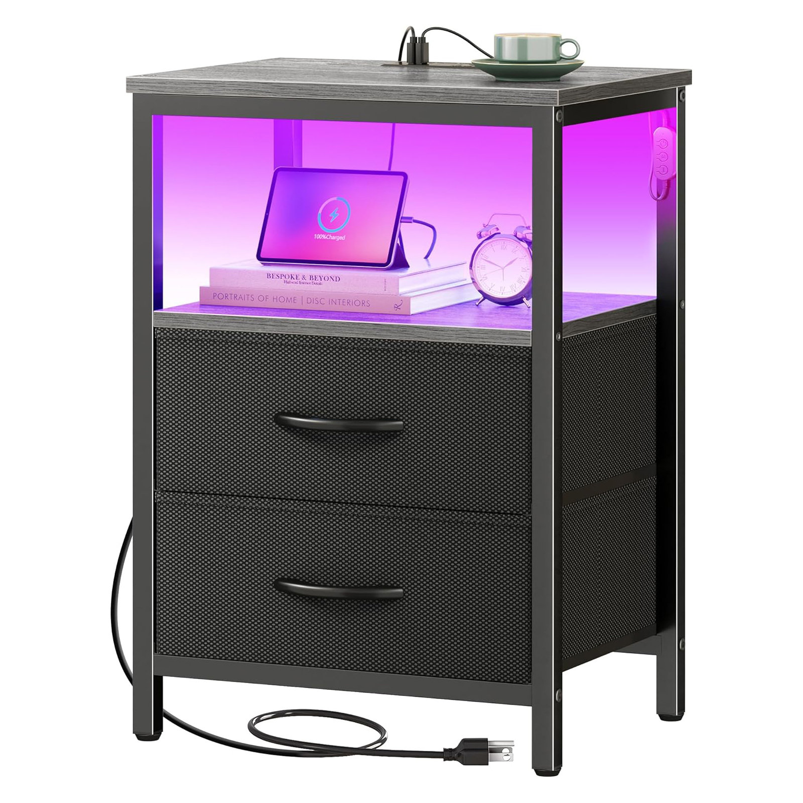 George Oliver 2 Drawer Night Stand With Charger Station And LED Lights ...