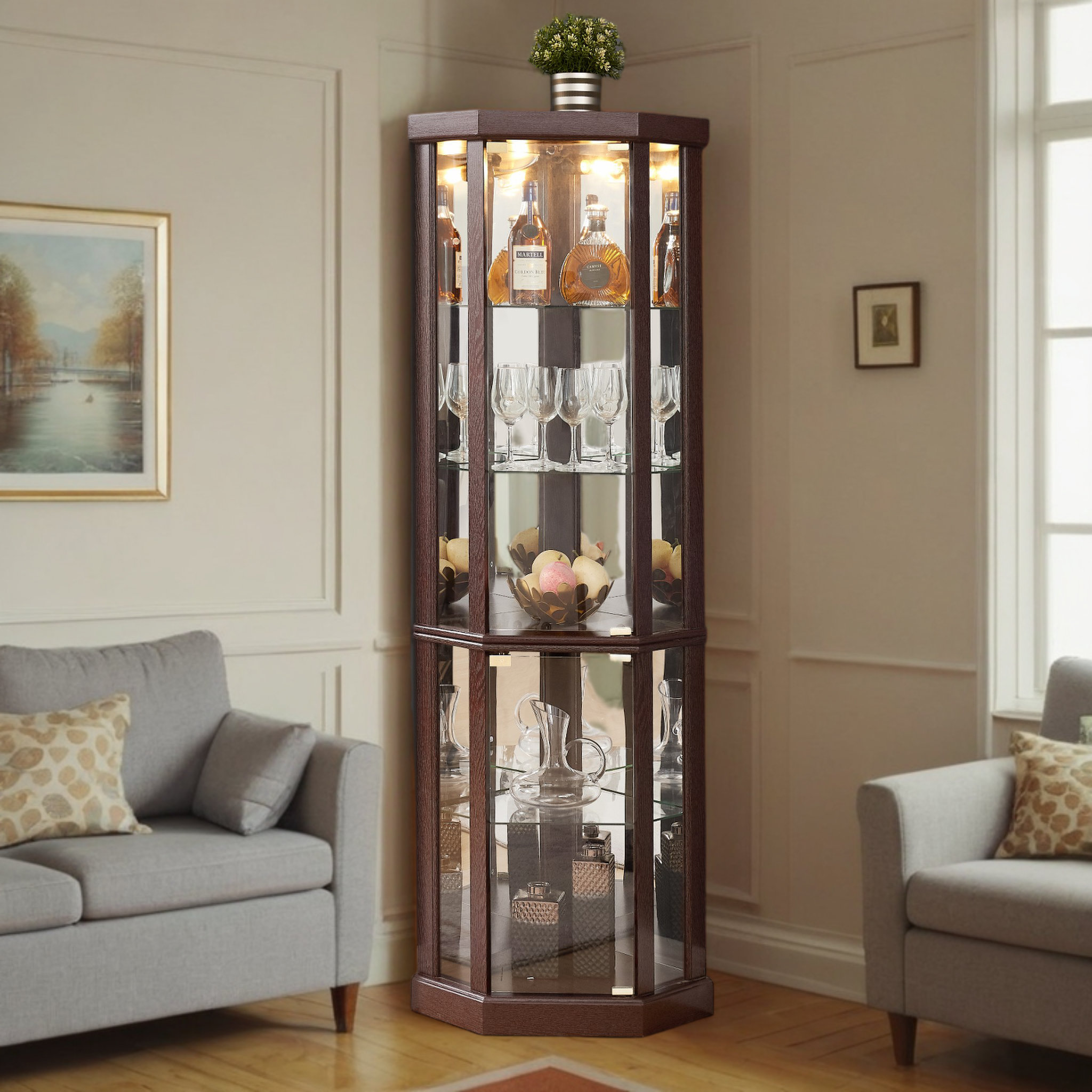 Winston Porter 69" Tall Corner Lighted Wine Cabinet Corner Glass Curio ...