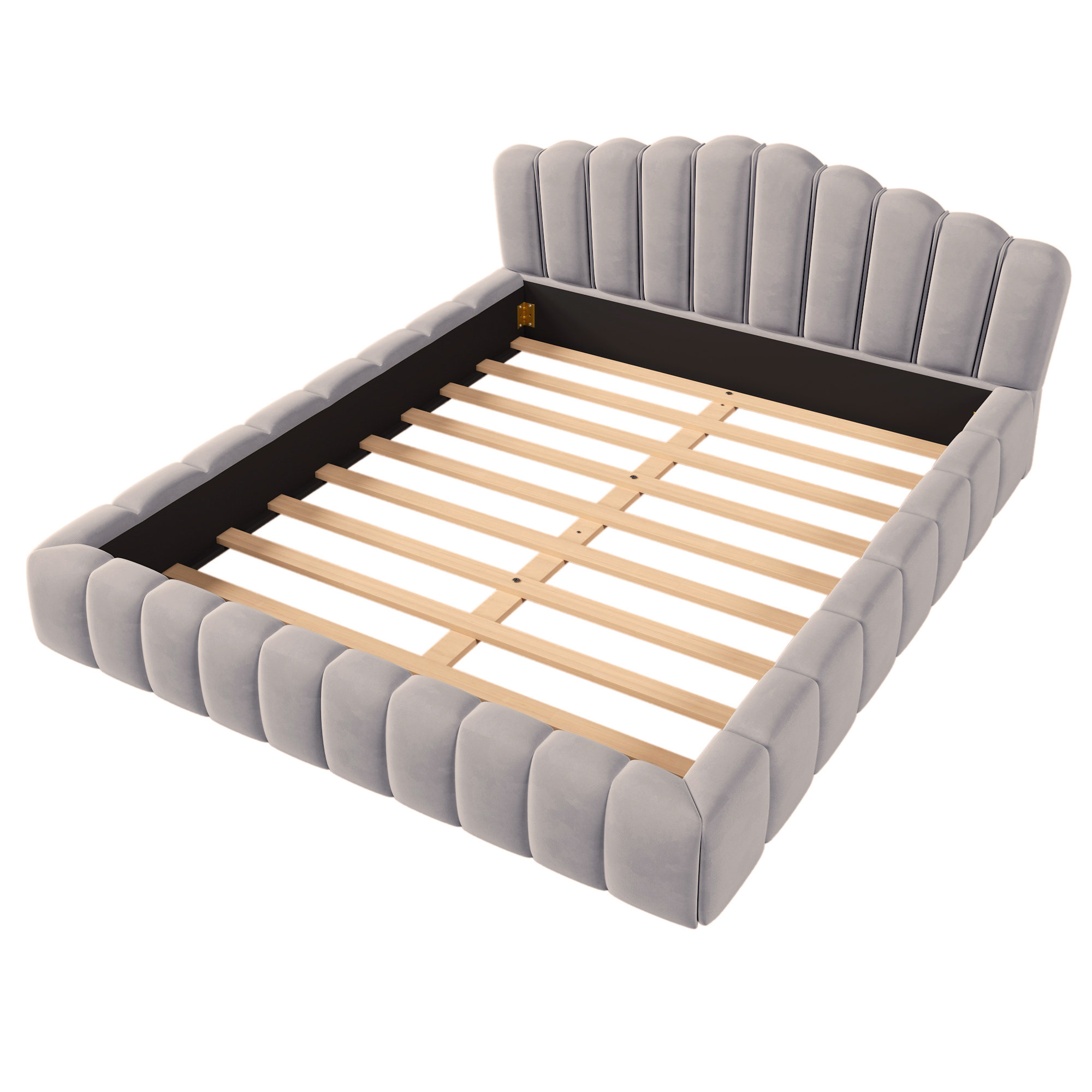 LIYU Velvet Upholstered Queen Bed Floor Bed Frame Shell-Shaped ...