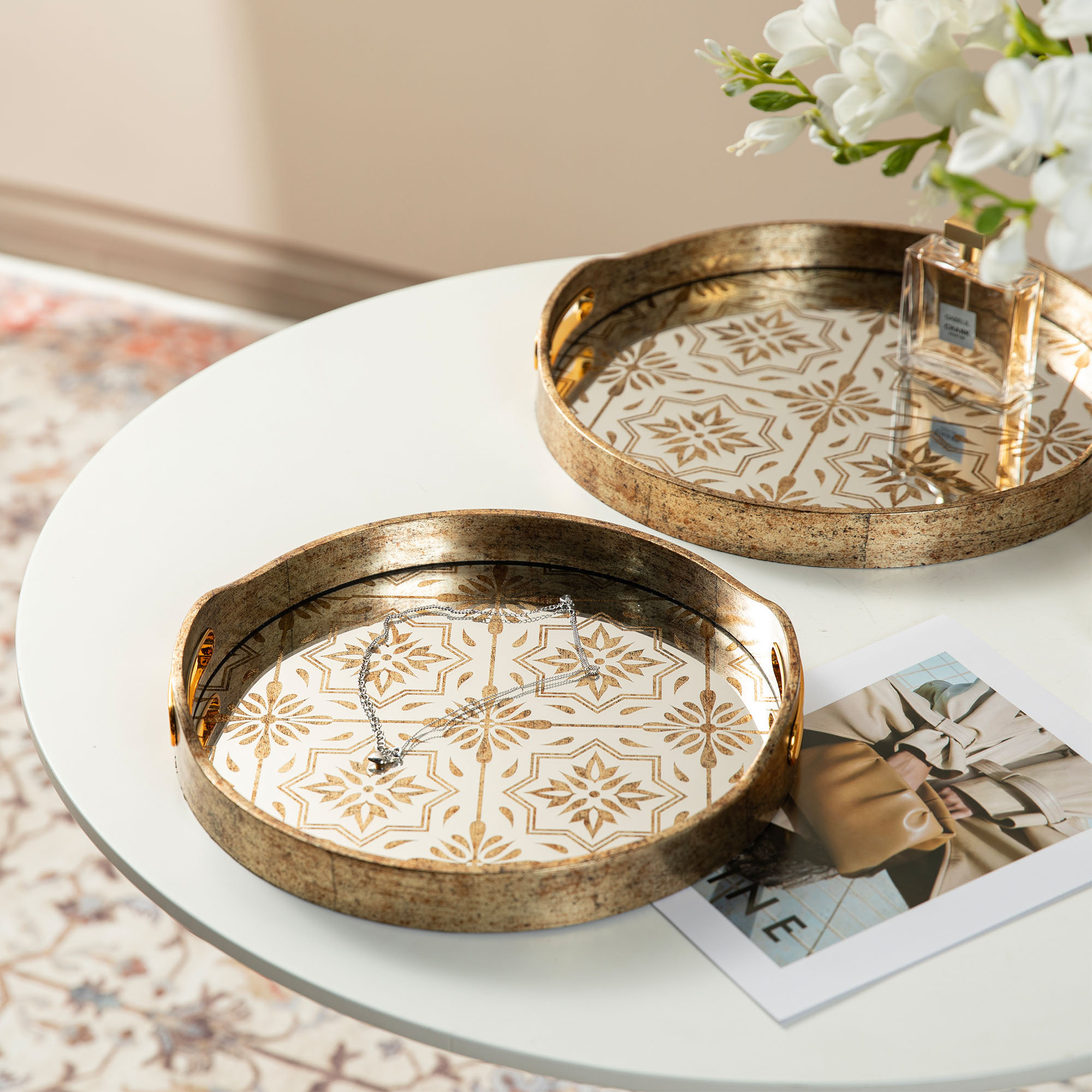 Gracie Oaks Round Gold Abstract Mirrored Trays With Handles | Wayfair