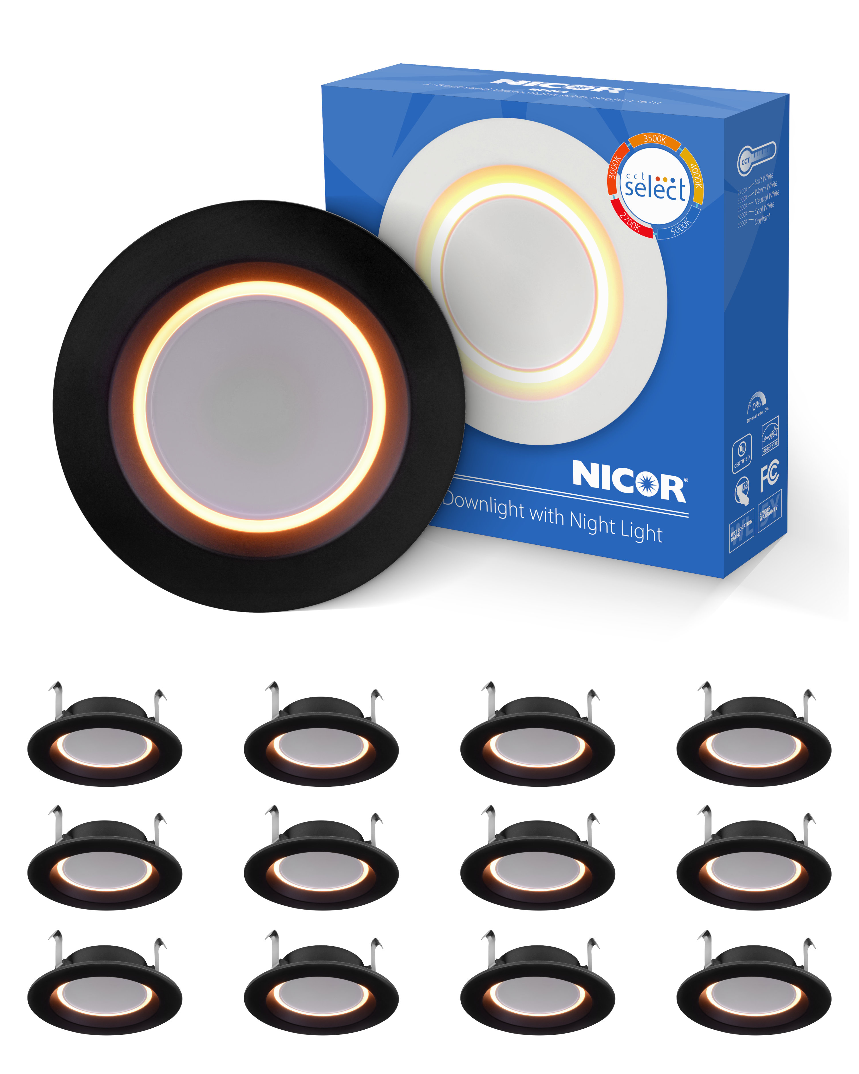 NICOR Lighting 4" Black Selectable LED Downlight With Night Light ...