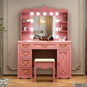 Red Barrel Studio® Makeup Vanity with 3-color Lighting Mirror, Outlets ...