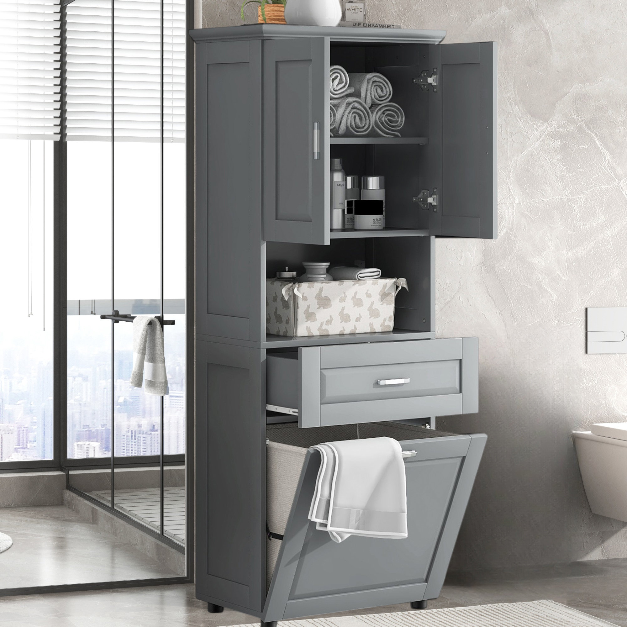 Red Barrel Studio® Tall Tilt Out Laundry Hamper Cabinet With Drawer ...
