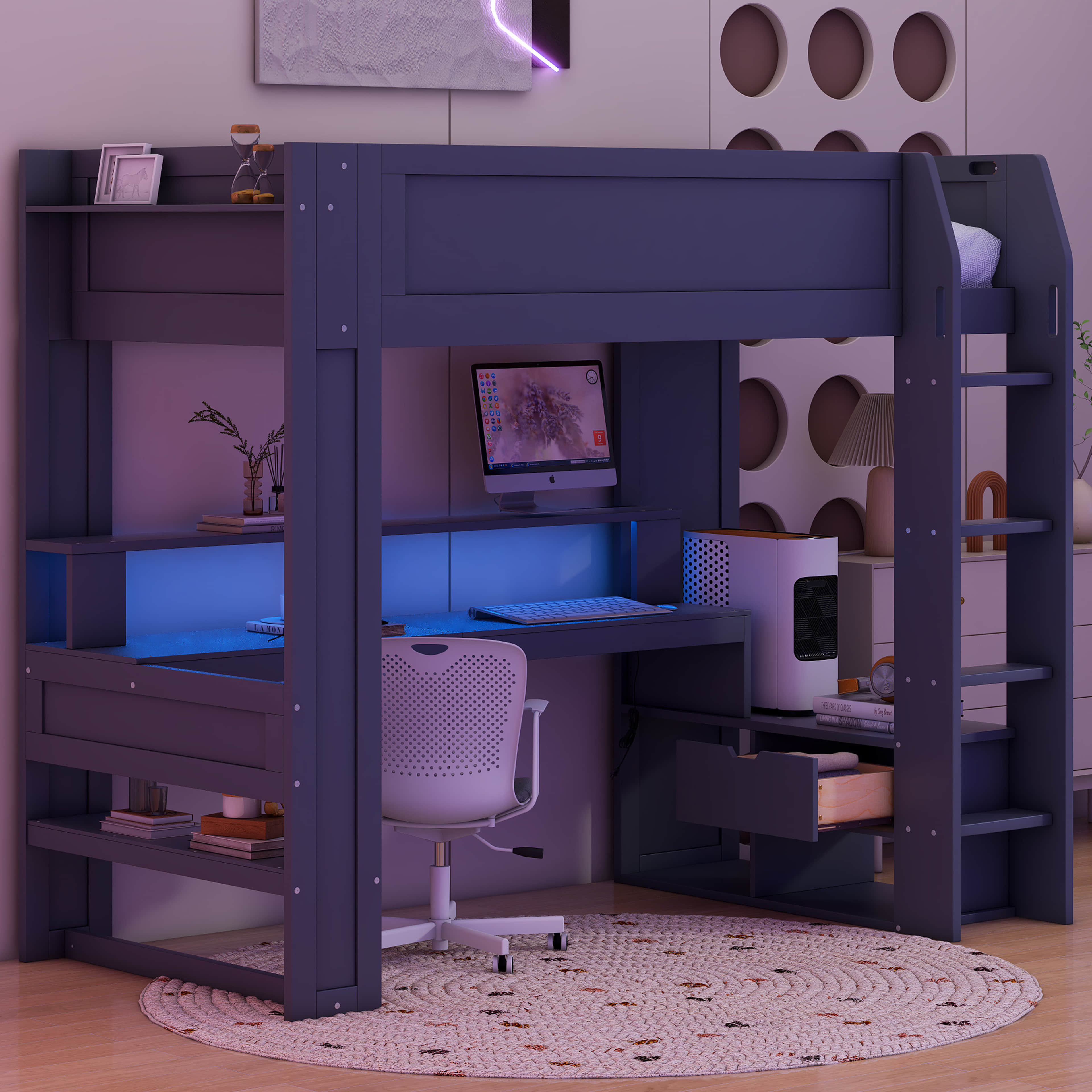 Harriet Bee Wood Gaming Loft Bed with Desk, Shelves, LED and Charging ...