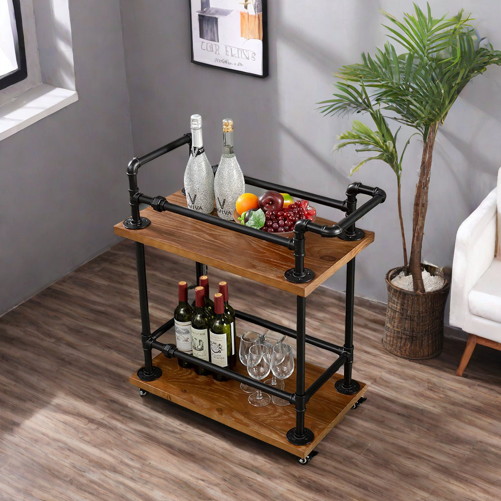 Williston Forge Industrial Bar Cart For Home, 2-Tier Bar Serving Cart ...