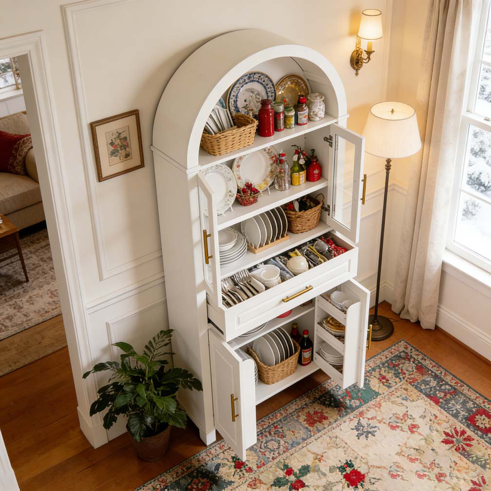 Latitude Run® 71" Tall Arched Kitchen Pantry Cabinet with Glass Door ...
