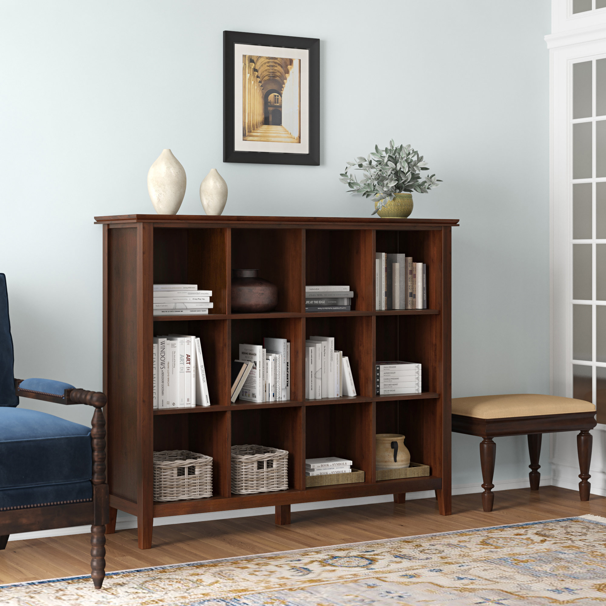 Simpli Home Artisan 57"W Solid Wood 12 Cube Storage Bookcase with Fixed ...