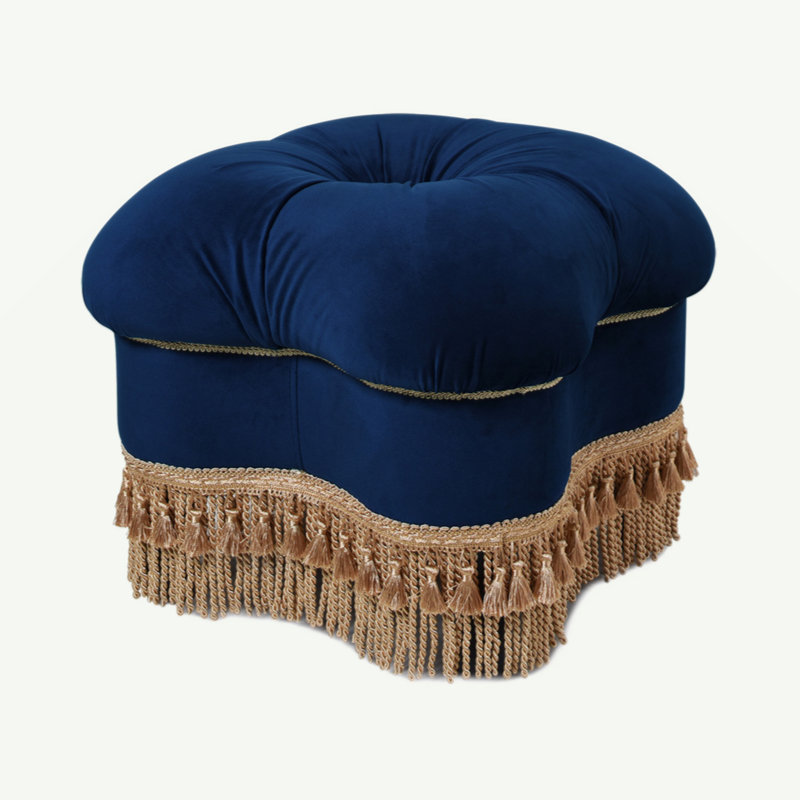 Astoria Grand Upholstered Clover Ottoman With Gold Bullion Fringe, Navy ...