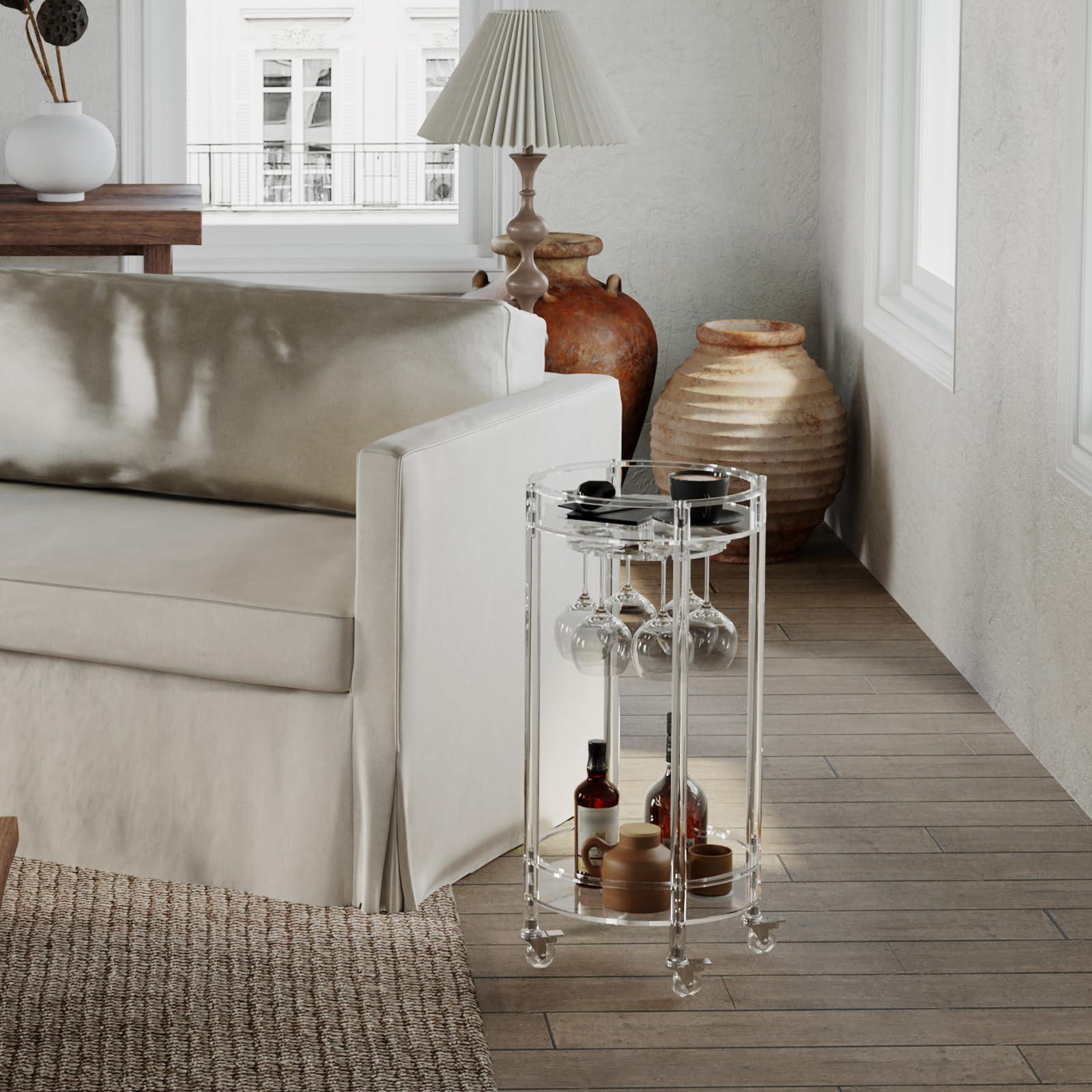 Orren Ellis Acrylic Round Bar Cart with 2 Tiers, Lockable Wheels, and ...