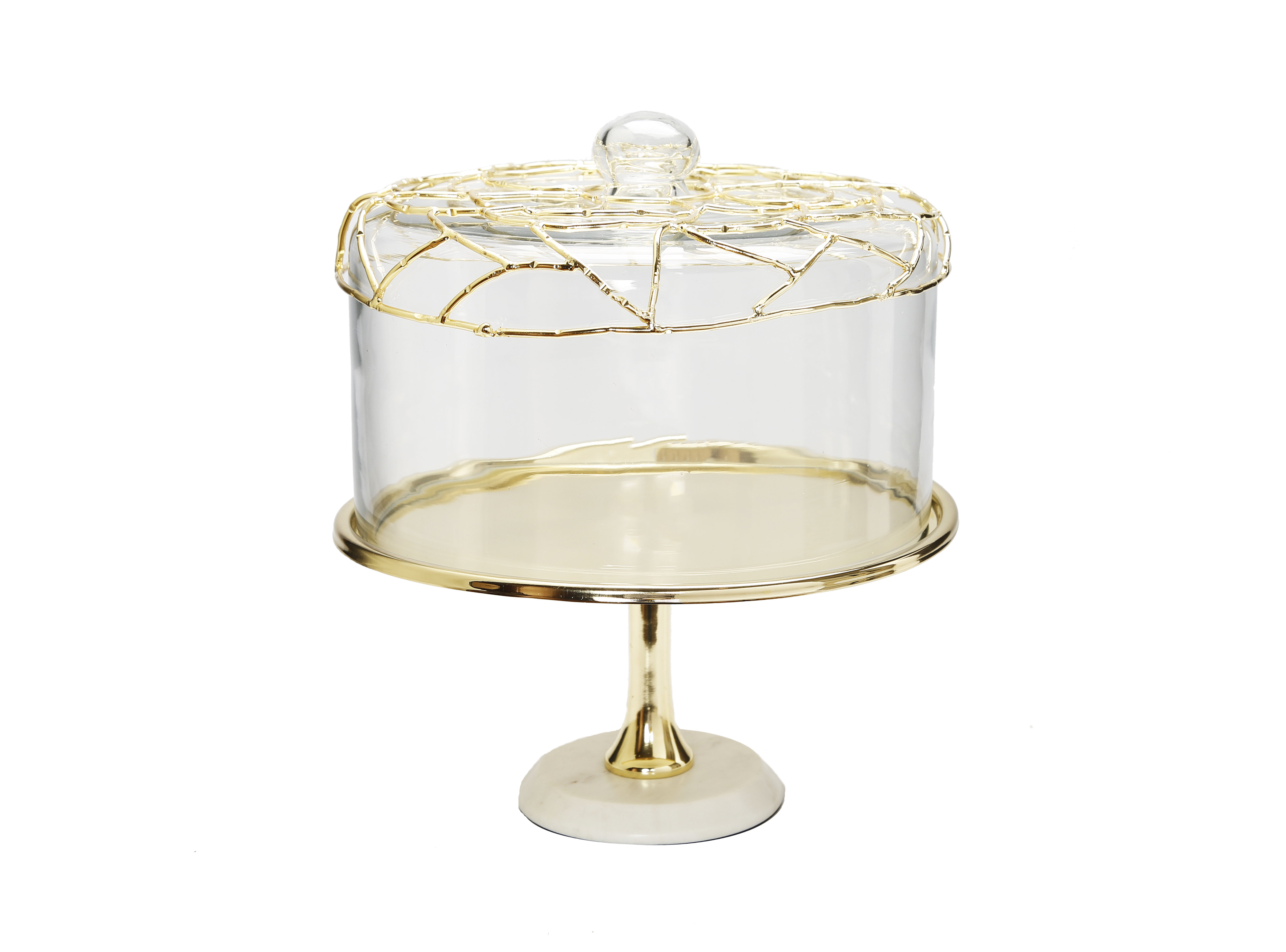 Rosdorf Park Gold Cake Tray With Glass Dome ,white Marble Base Mesh ...