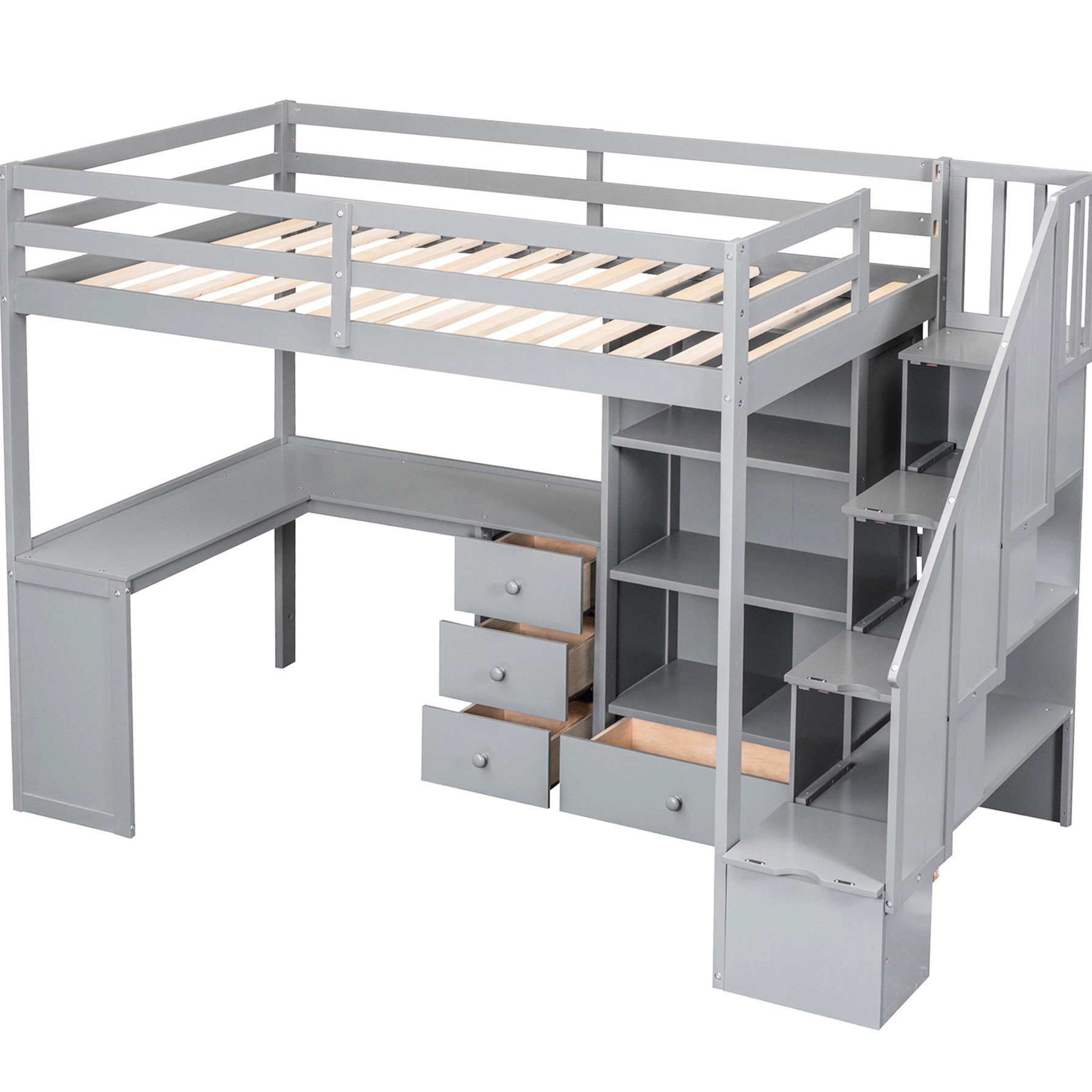 Harriet Bee Twin Loft Bed With L-shaped Desk, Cabinet, Drawers, And ...