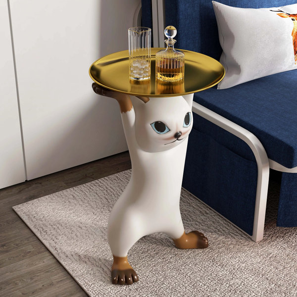Latitude Run® Modern Cat Side Table Floor Resin Figurine with Gold Tray ...