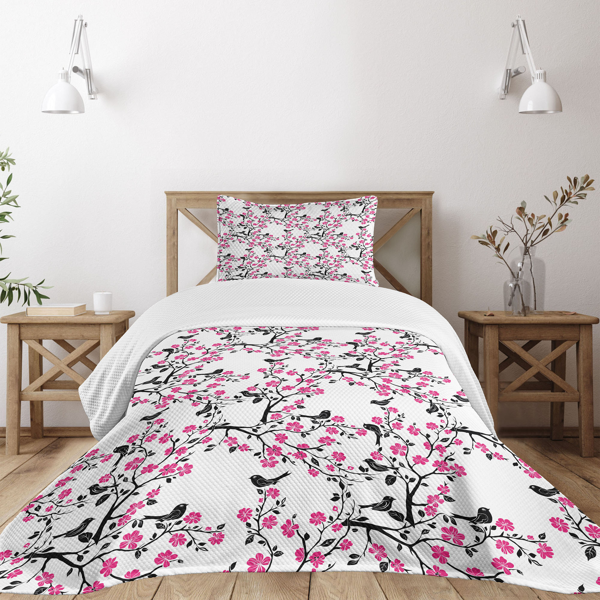 Ambesonne Cherry Blossom Bedspread Set Sakura Tree Bird Black Hot Pink ...