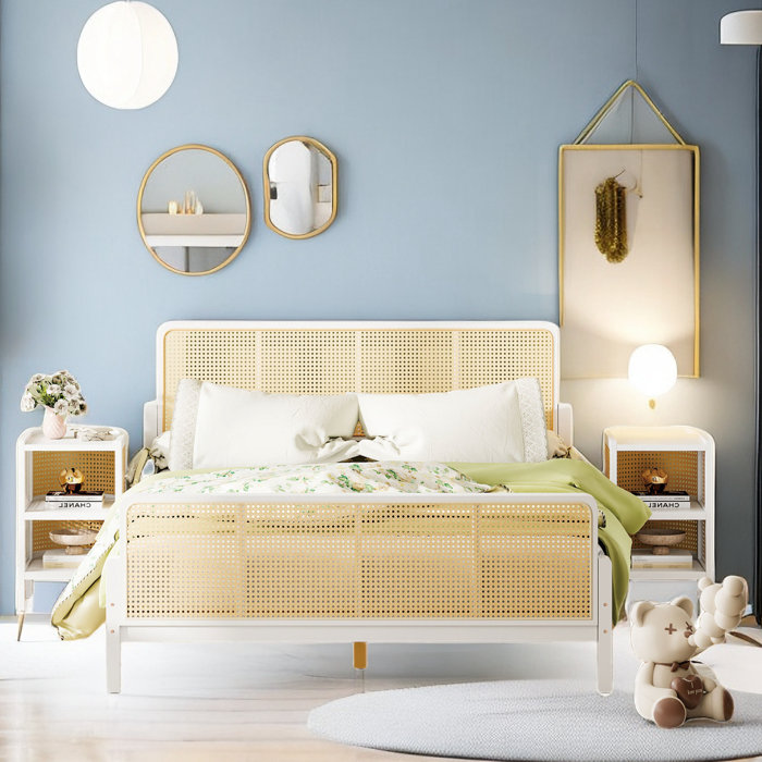 Bay Isle Home Alwin Rattan Bedroom Set Platform Bed and Two Nightstands ...